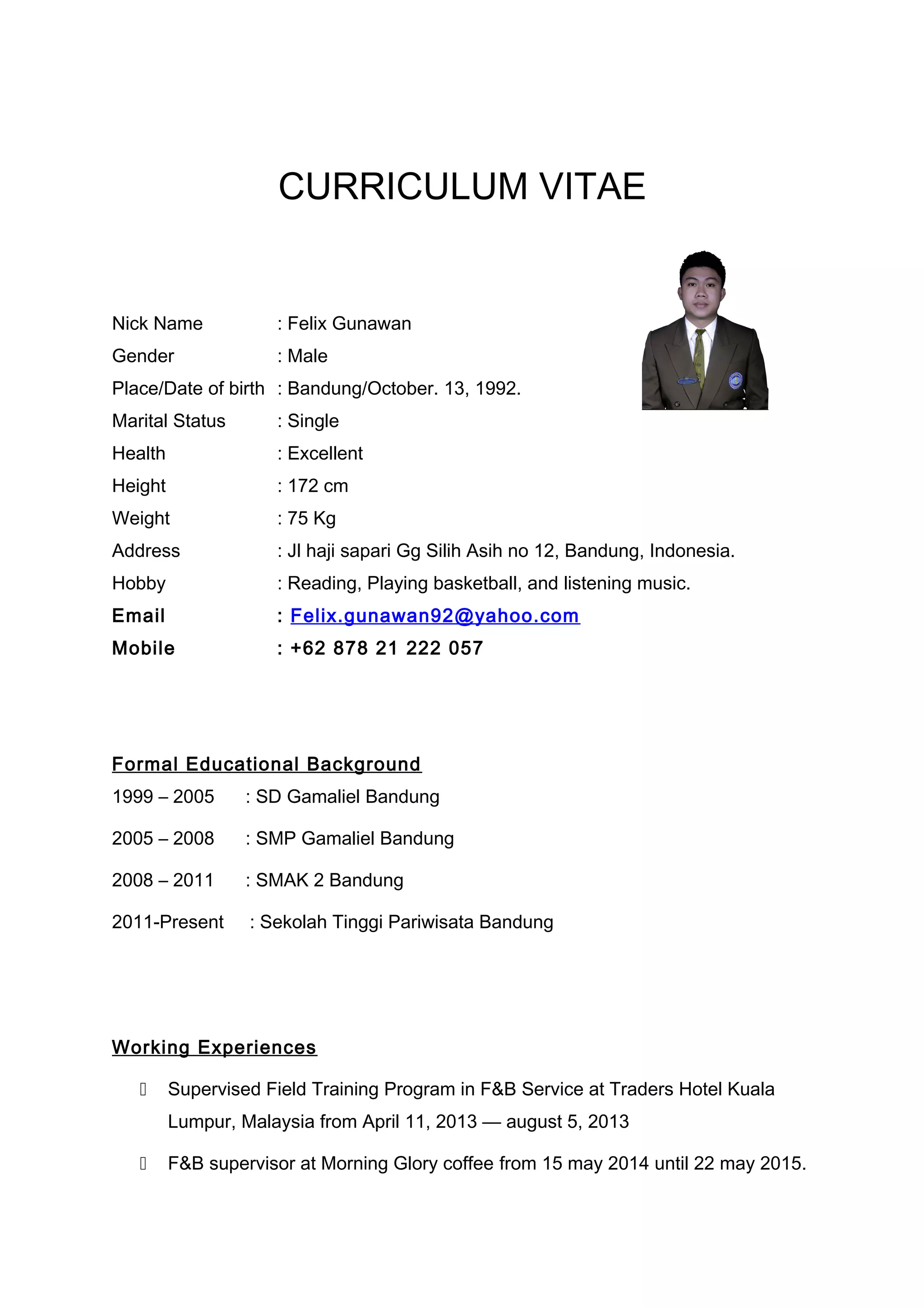 CV Felix Gunawan & APPLICATION LETTER | PDF