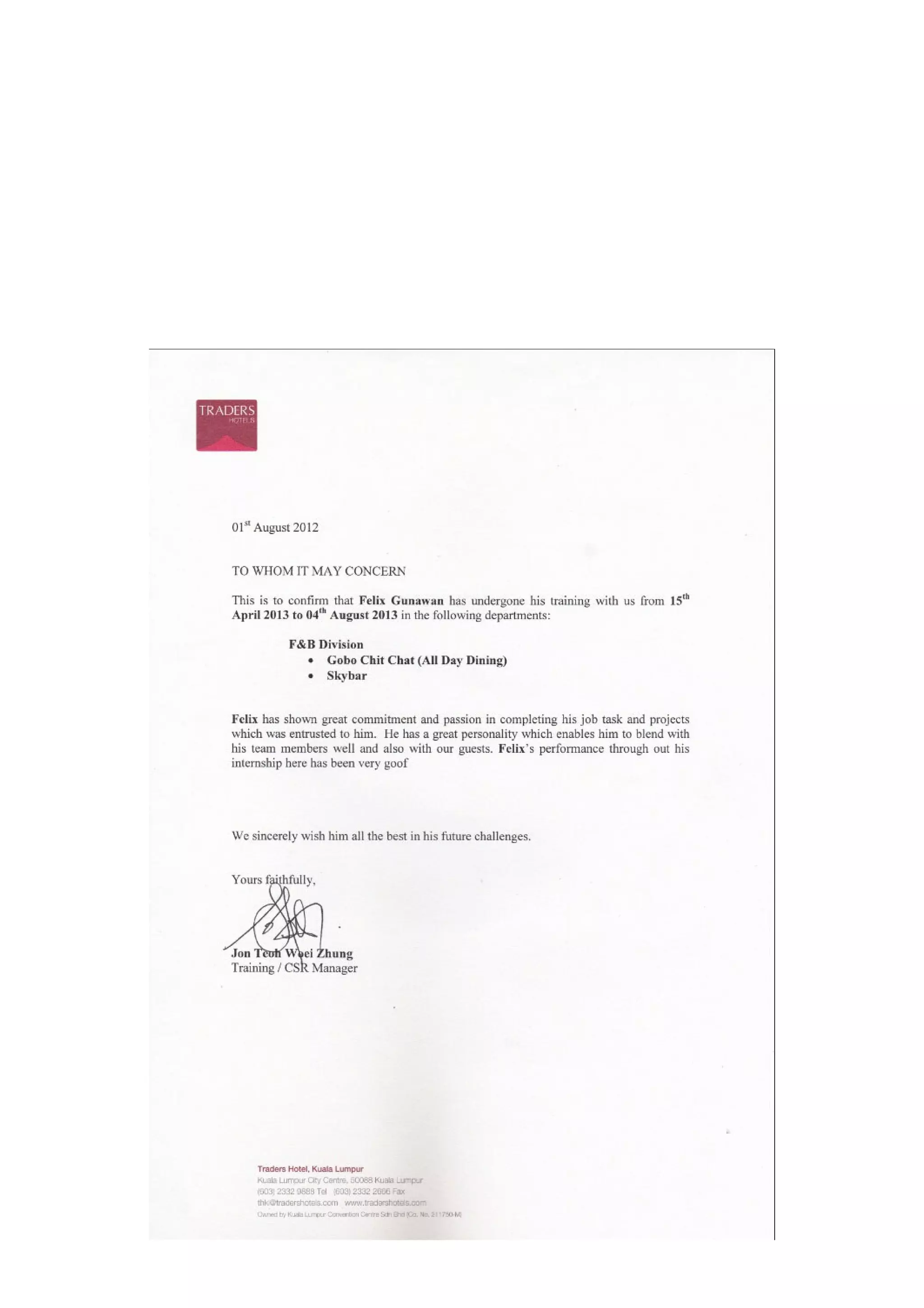 CV Felix Gunawan & APPLICATION LETTER | PDF