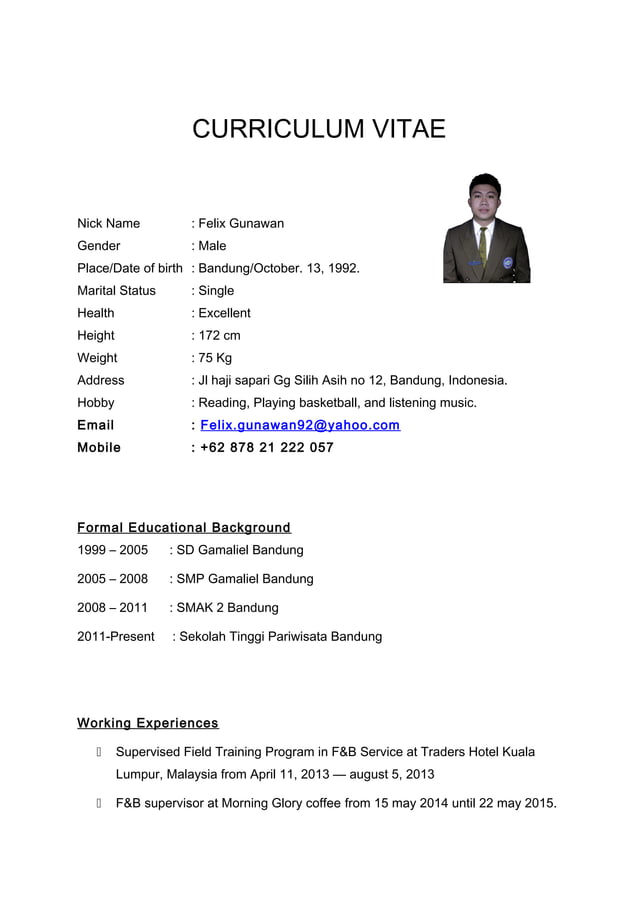 CV Felix Gunawan & APPLICATION LETTER | PDF