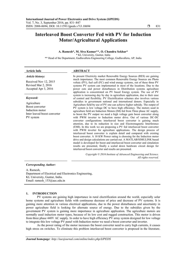 Interleaved Boost Converter Fed with PV for Induction Motor/Agricultural Applications | PDF