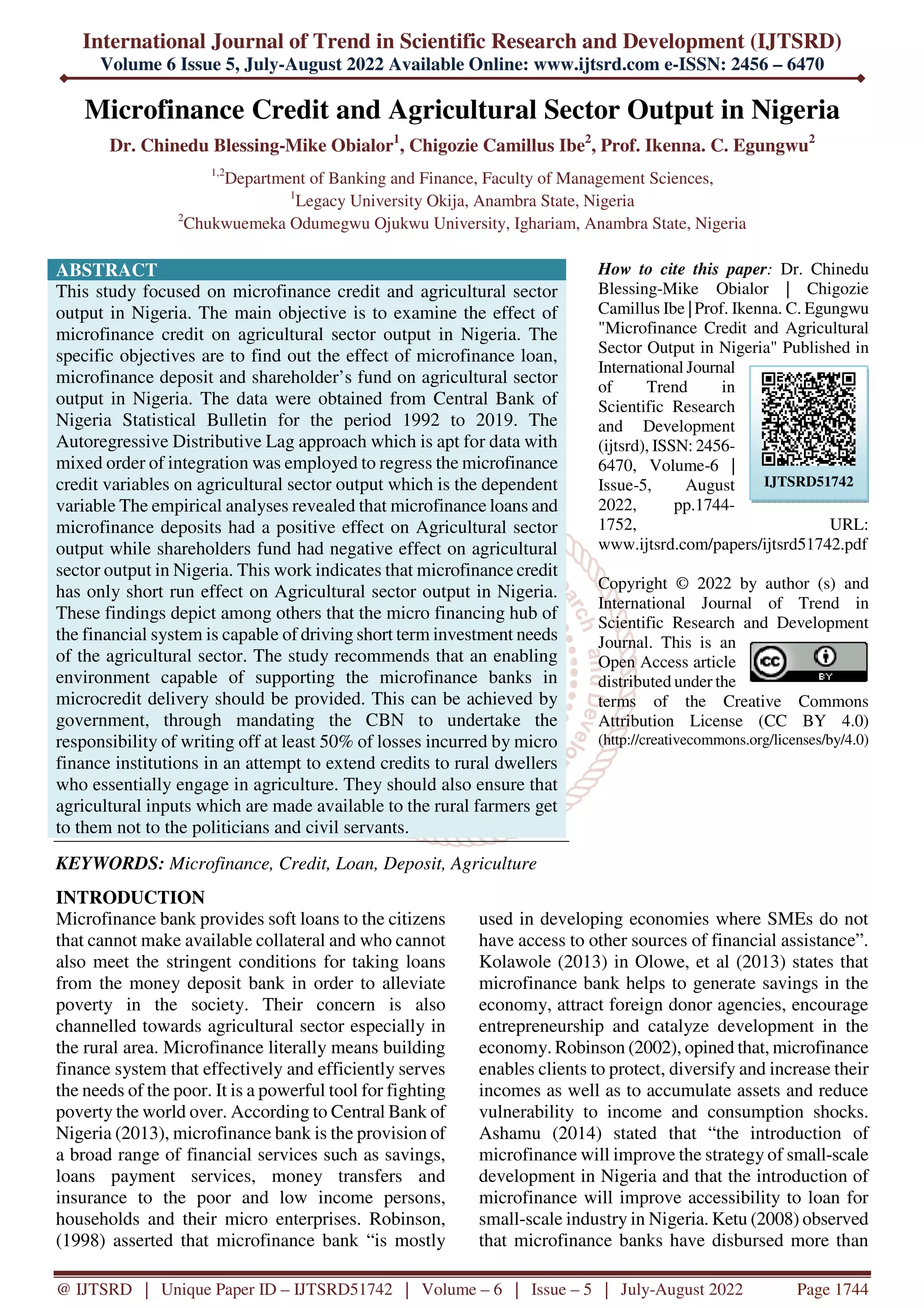 Microfinance Credit and Agricultural Sector Output in Nigeria | PDF | Agriculture | Industries