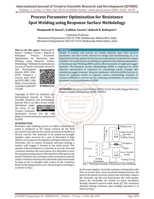 Process Parameter Optimization for Resistance Spot Welding using Response Surface Methdology | PDF