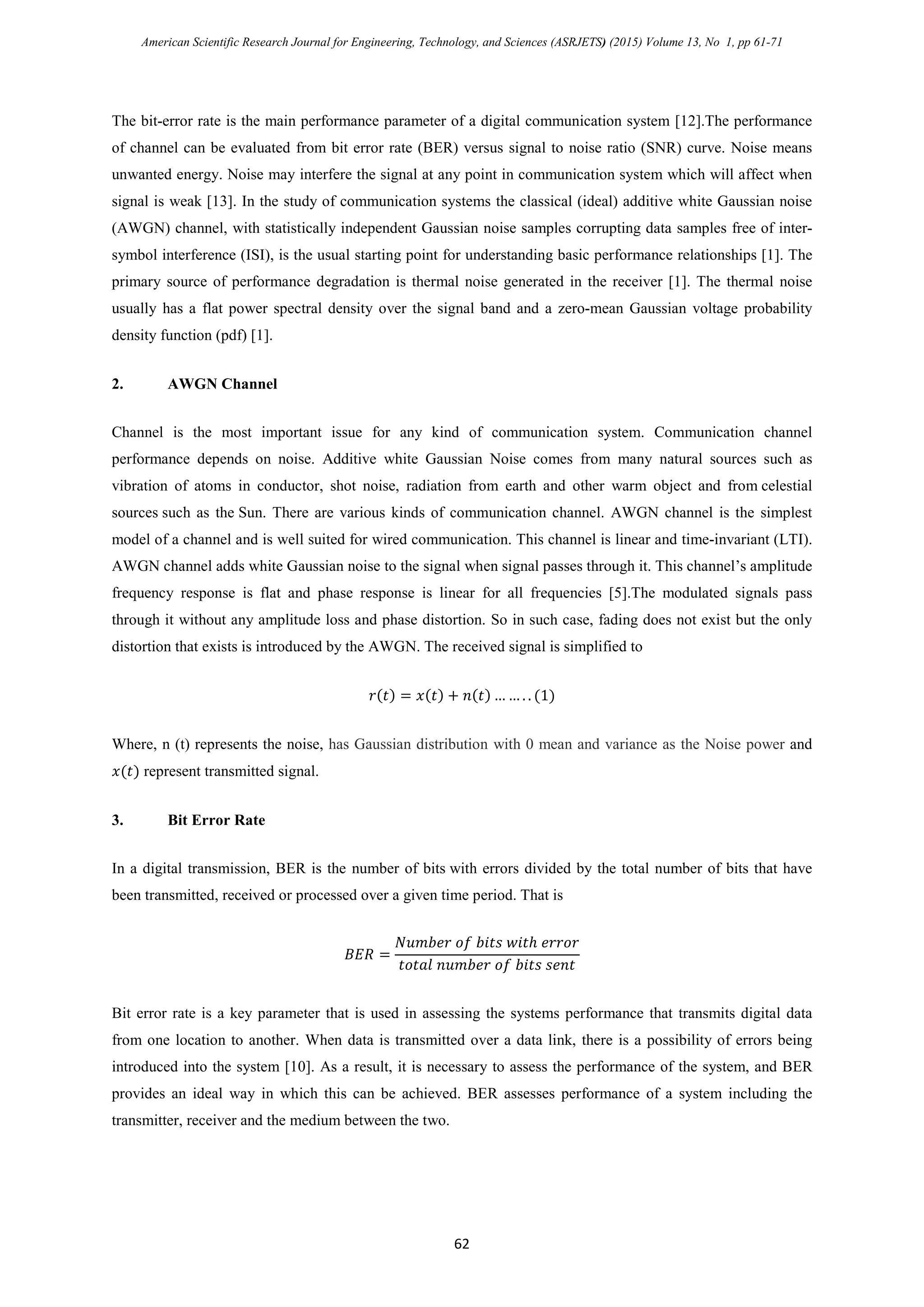 BER Comparison of AWGN channels for different types of Digital modulation | PDF
