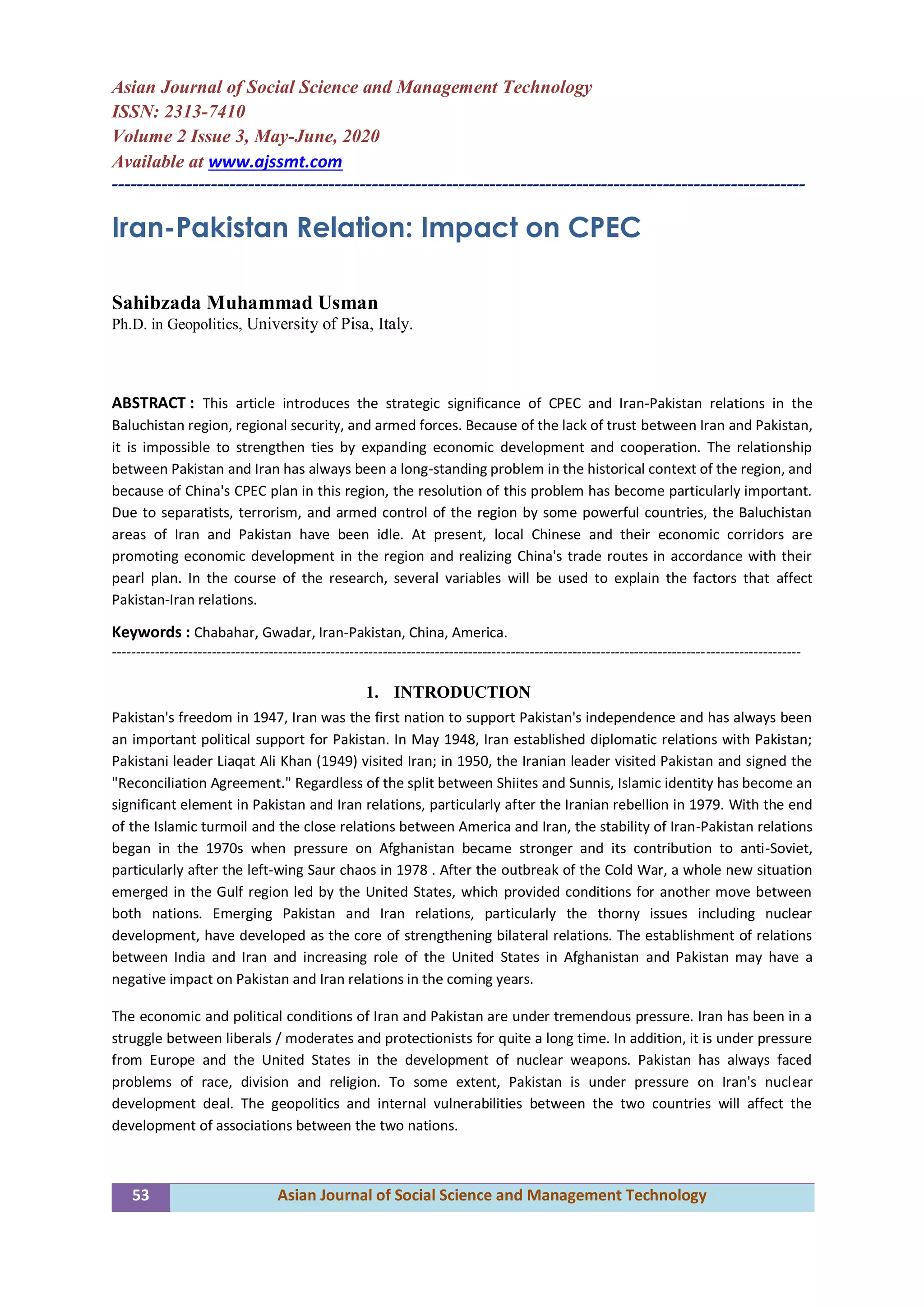Iran-Pakistan Relation: Impact on CPEC | PDF