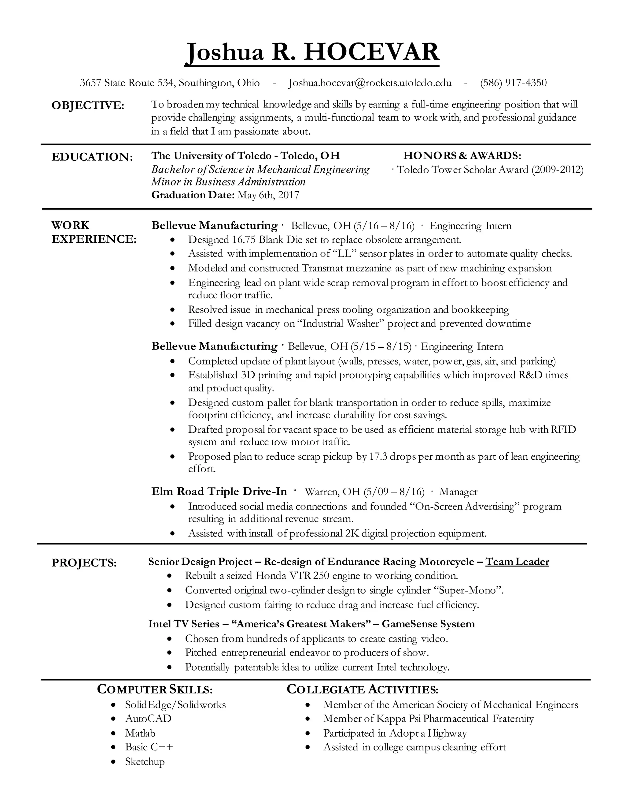 Joshua Hocevar - Resume 2017 | DOCX