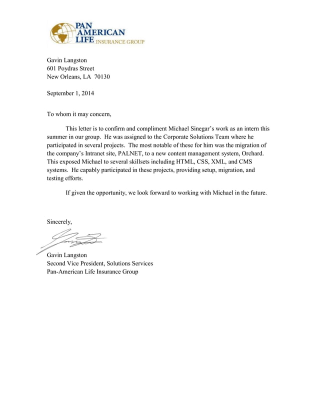 Summary Letter - Michael Sinegar | PDF