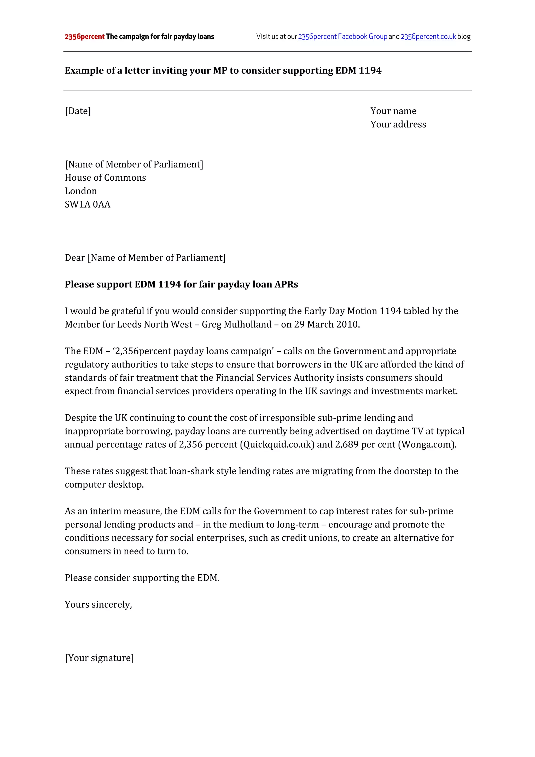 Sample EDM Letter to UK MPs | PDF