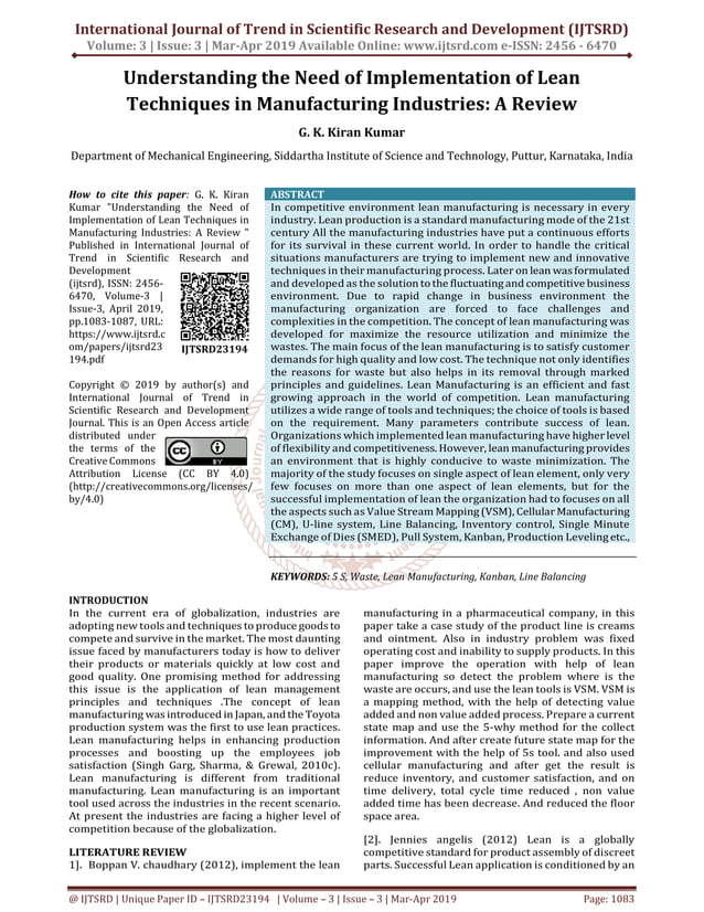 Understanding the Need of Implementation of Lean Techniques in Manufacturing Industries A Review ...