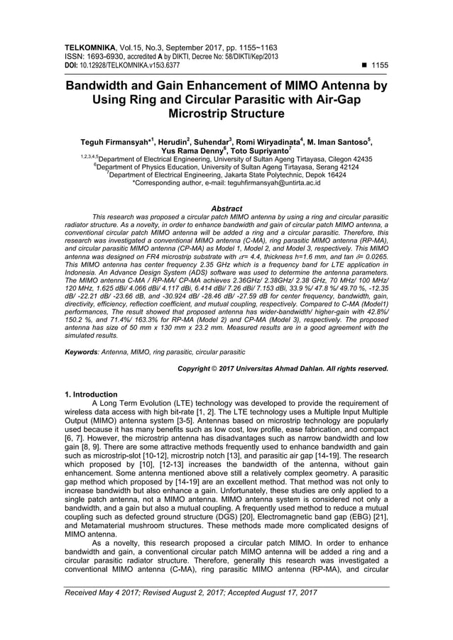 Bandwidth and Gain Enhancement of MIMO Antenna by Using Ring and Circular Parasitic with Air-Gap ...