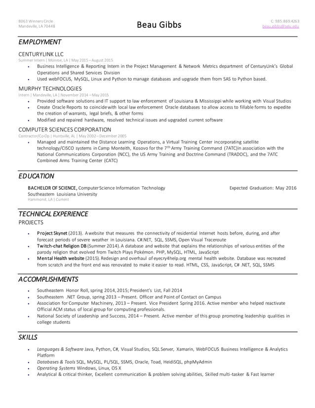 Beau Gibbs resume2 | DOCX | Databases | Computer Software and Applications
