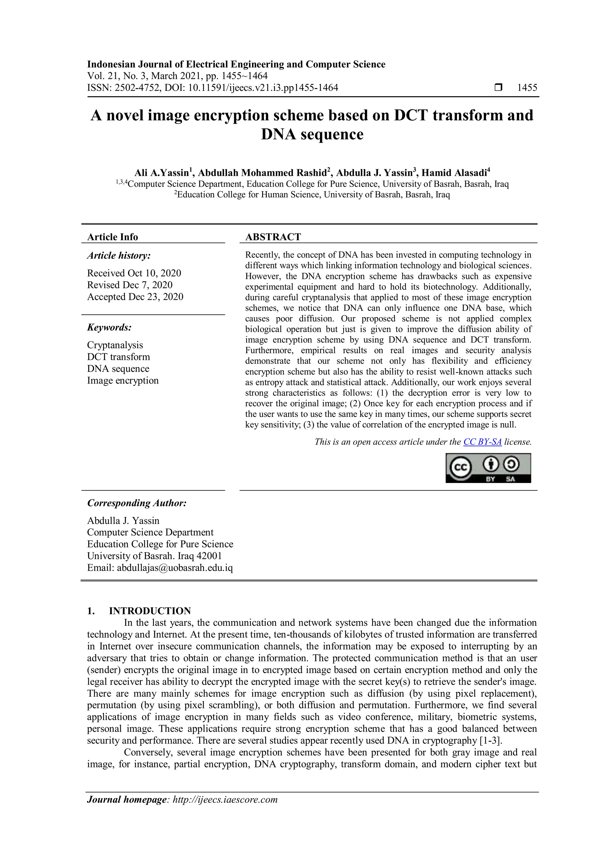 A novel image encryption scheme based on DCT transform and DNA sequence | PDF