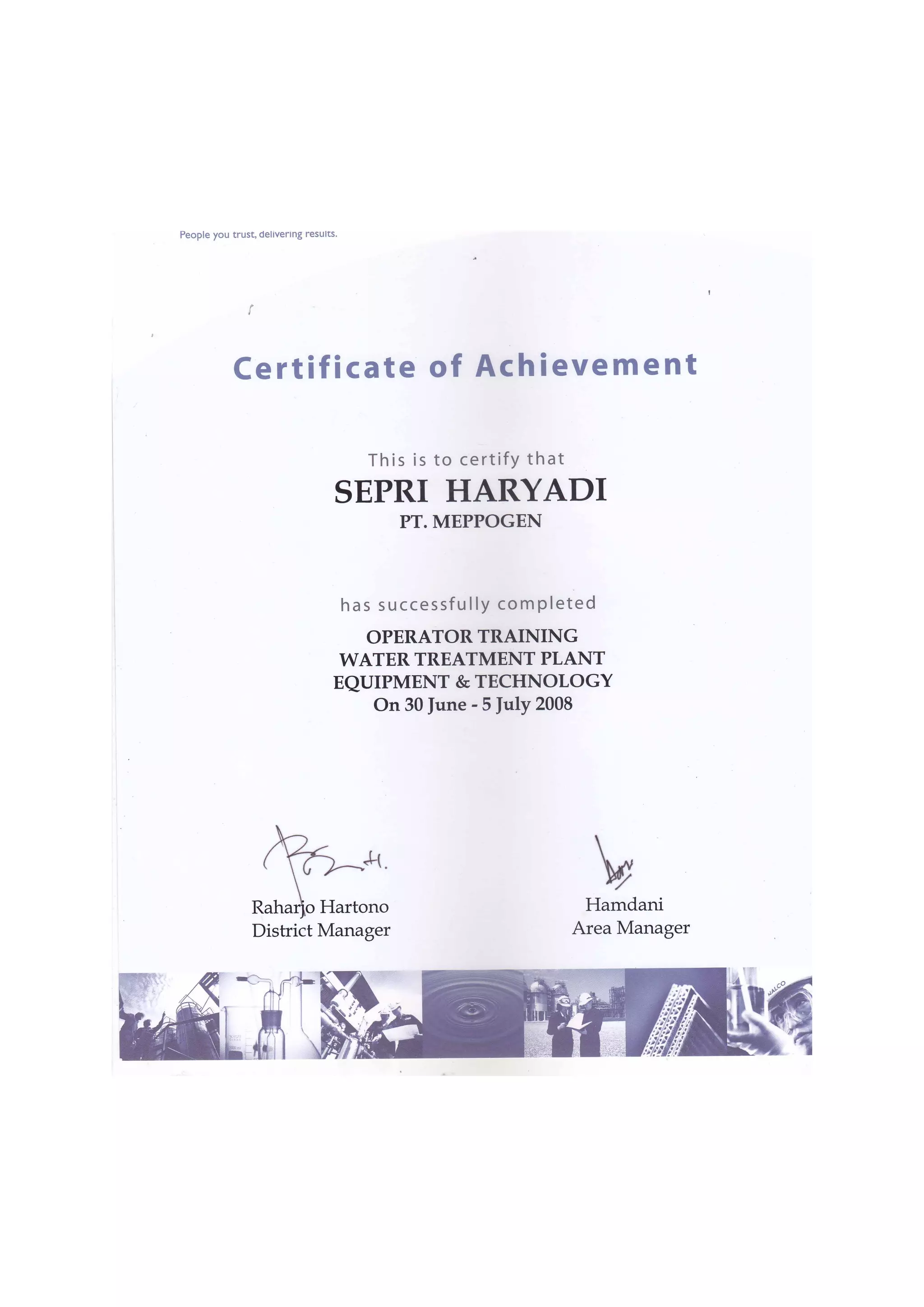 sertifikat operator training Nalco pdf | PDF