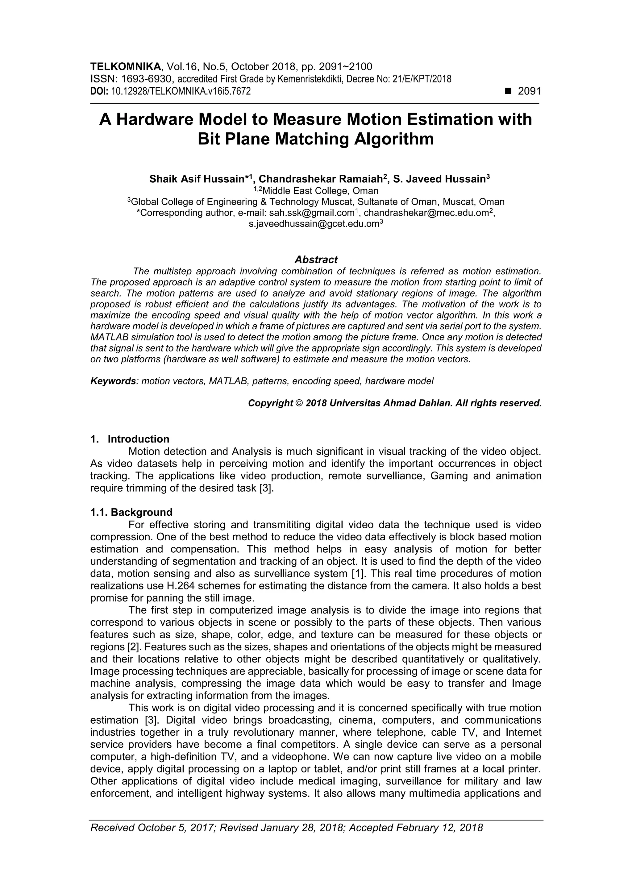 A Hardware Model To Measure Motion Estimation With Bit Plane Matching