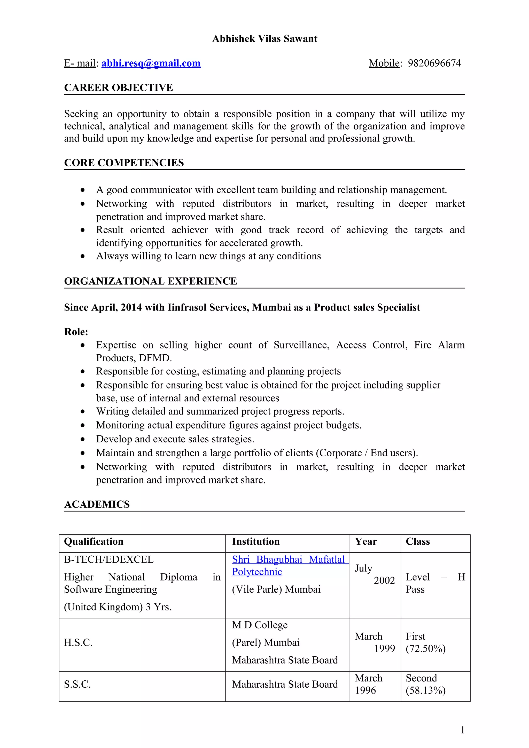 Abhishek V. Sawant CV | DOC