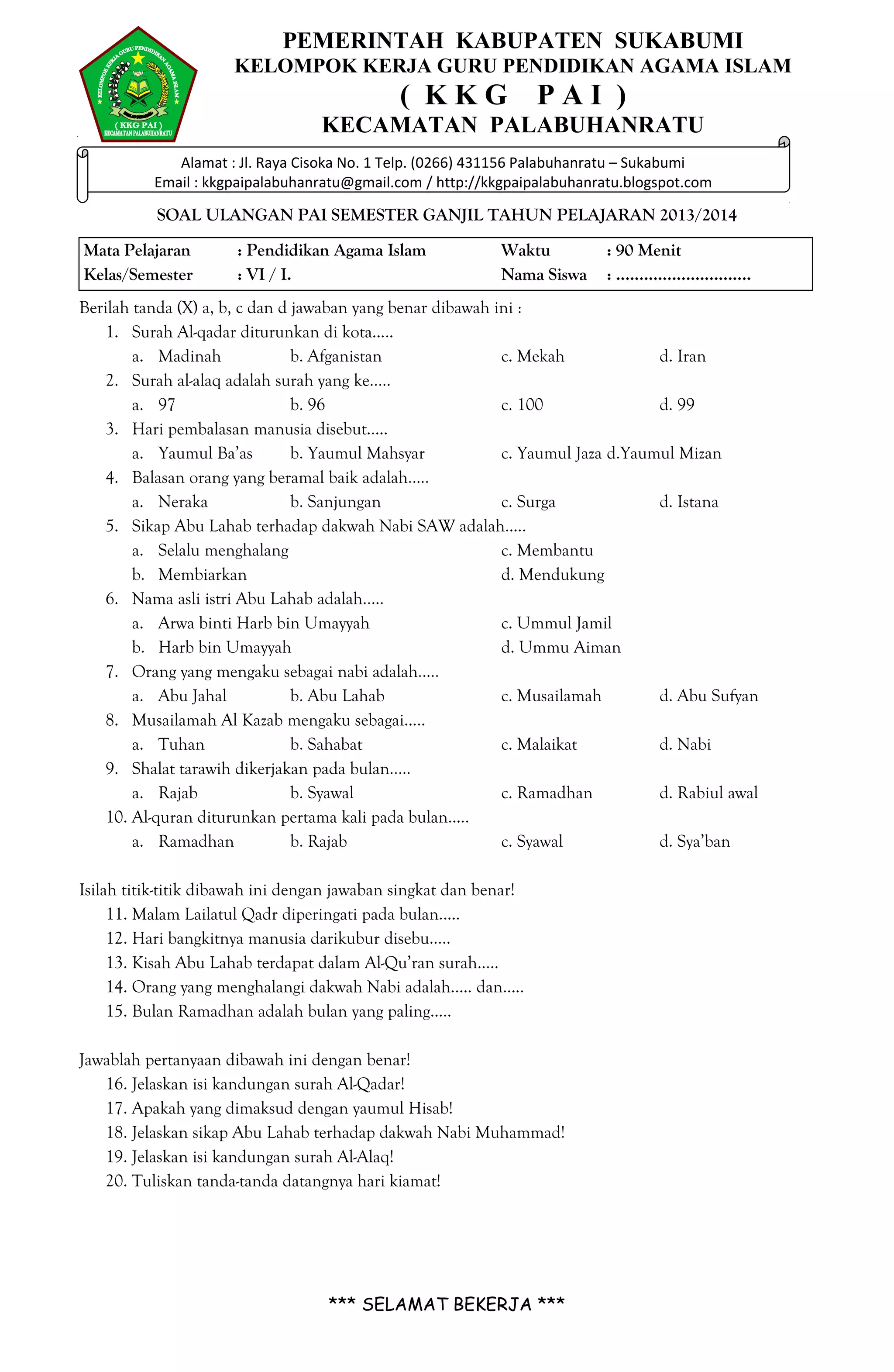 237787462 soal-pai-sd-kelas-6-semester-1 | PDF