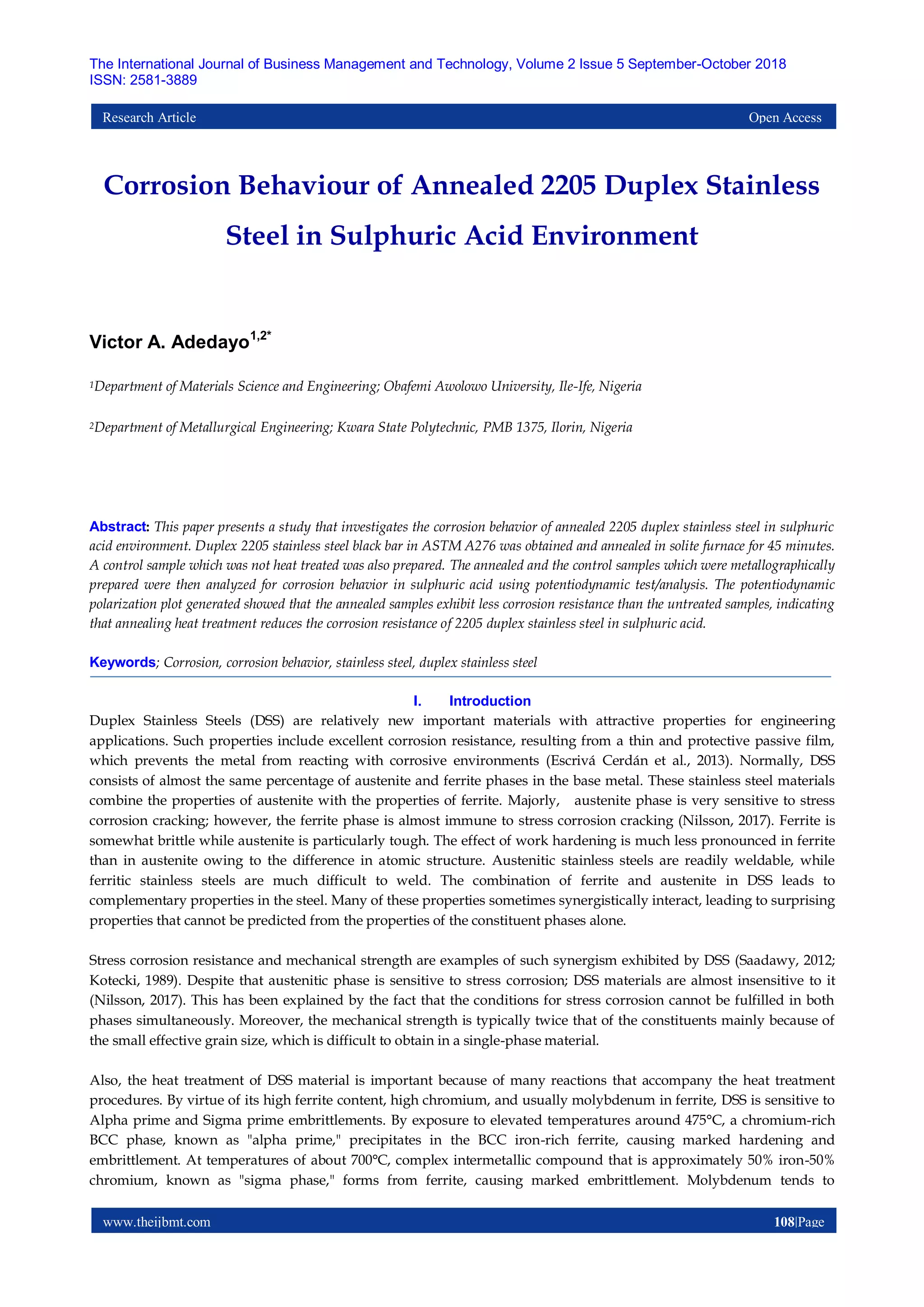 Corrosion Behaviour of Annealed 2205 Duplex Stainless Steel in Sulphuric Acid Environment | PDF