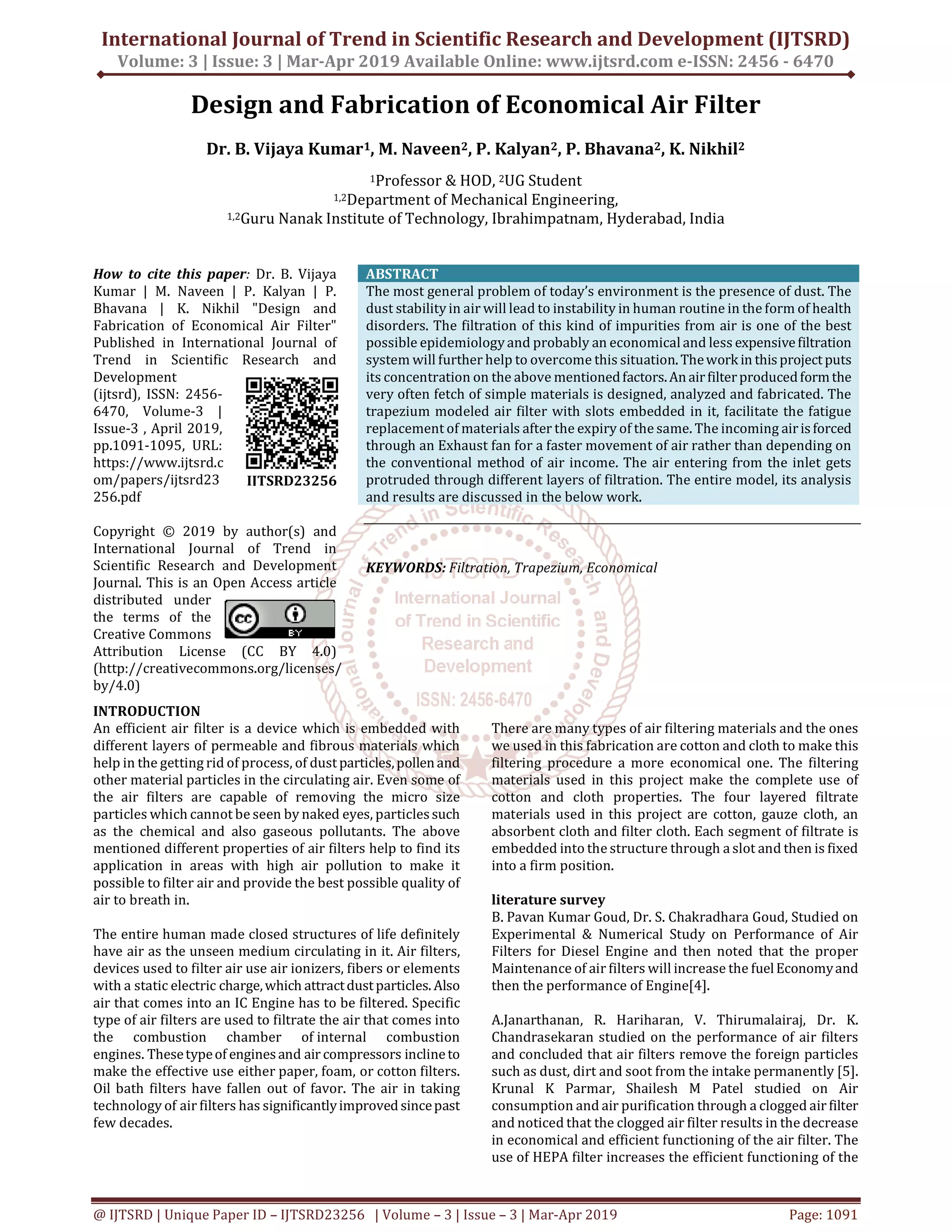 Design and Fabrication of Economical Air Filter | PDF