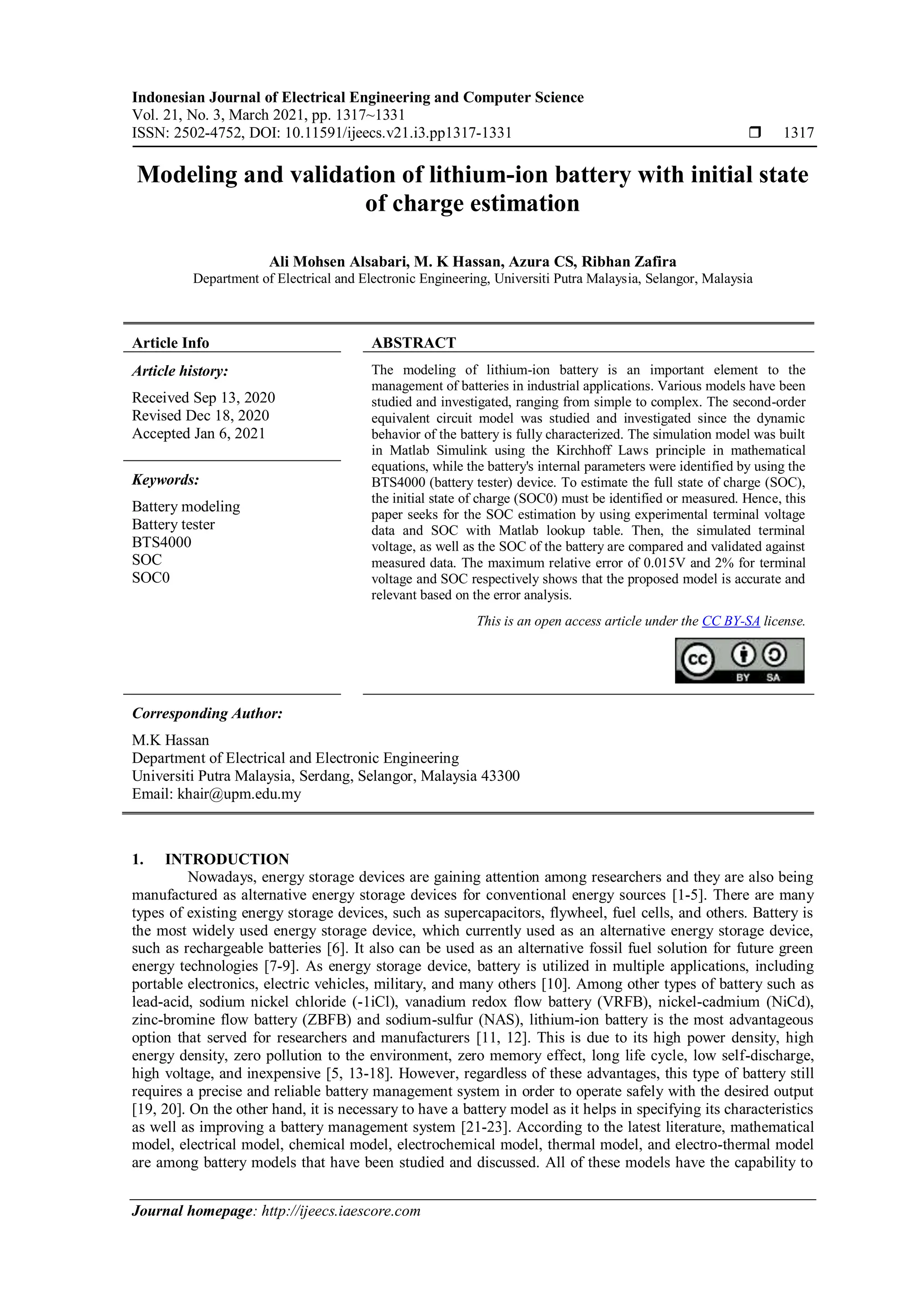 Modeling And Validation Of Lithium Ion Battery With Initial State Of