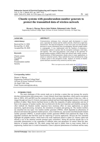 Chaotic systems with pseudorandom number generate to protect the transmitted data of wireless ...
