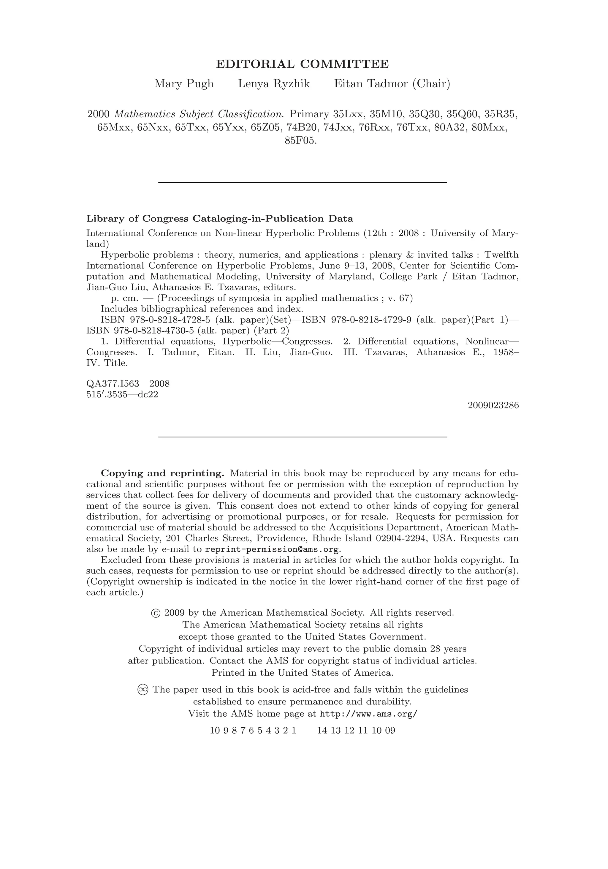 Hyperbolic Problems Theory Numerics And Applications Part 1 Plenary Invited Talks Jianguo Liu | PDF