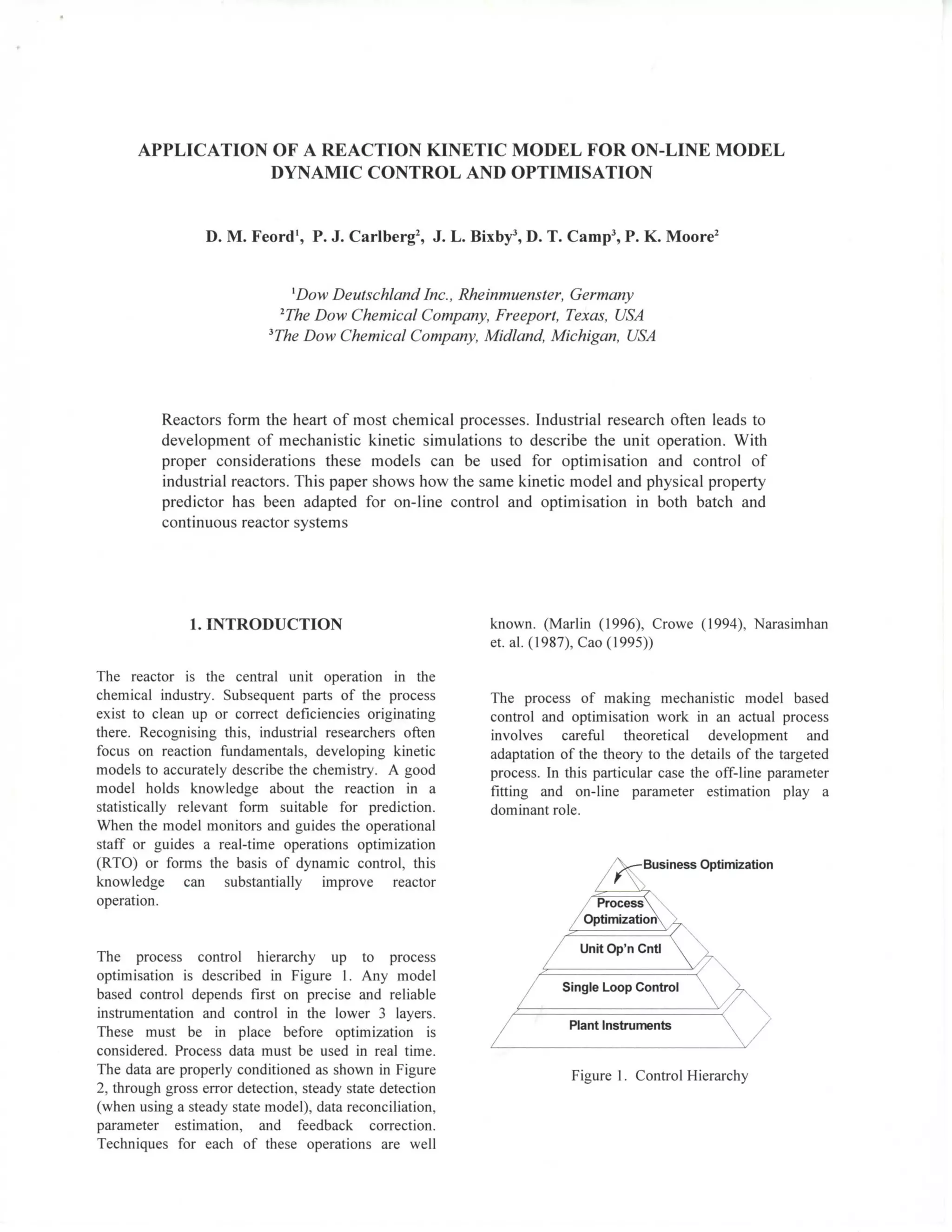 Application Of A Reaction Kinetic Model For Onlline Model Dynamic