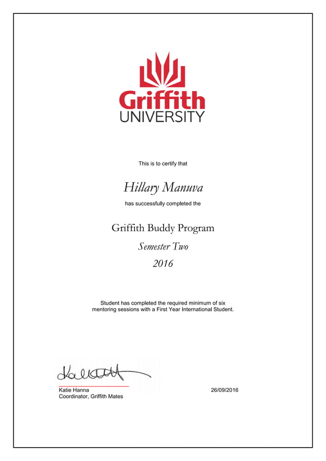 Griffith Buddy Program Certificate | PDF