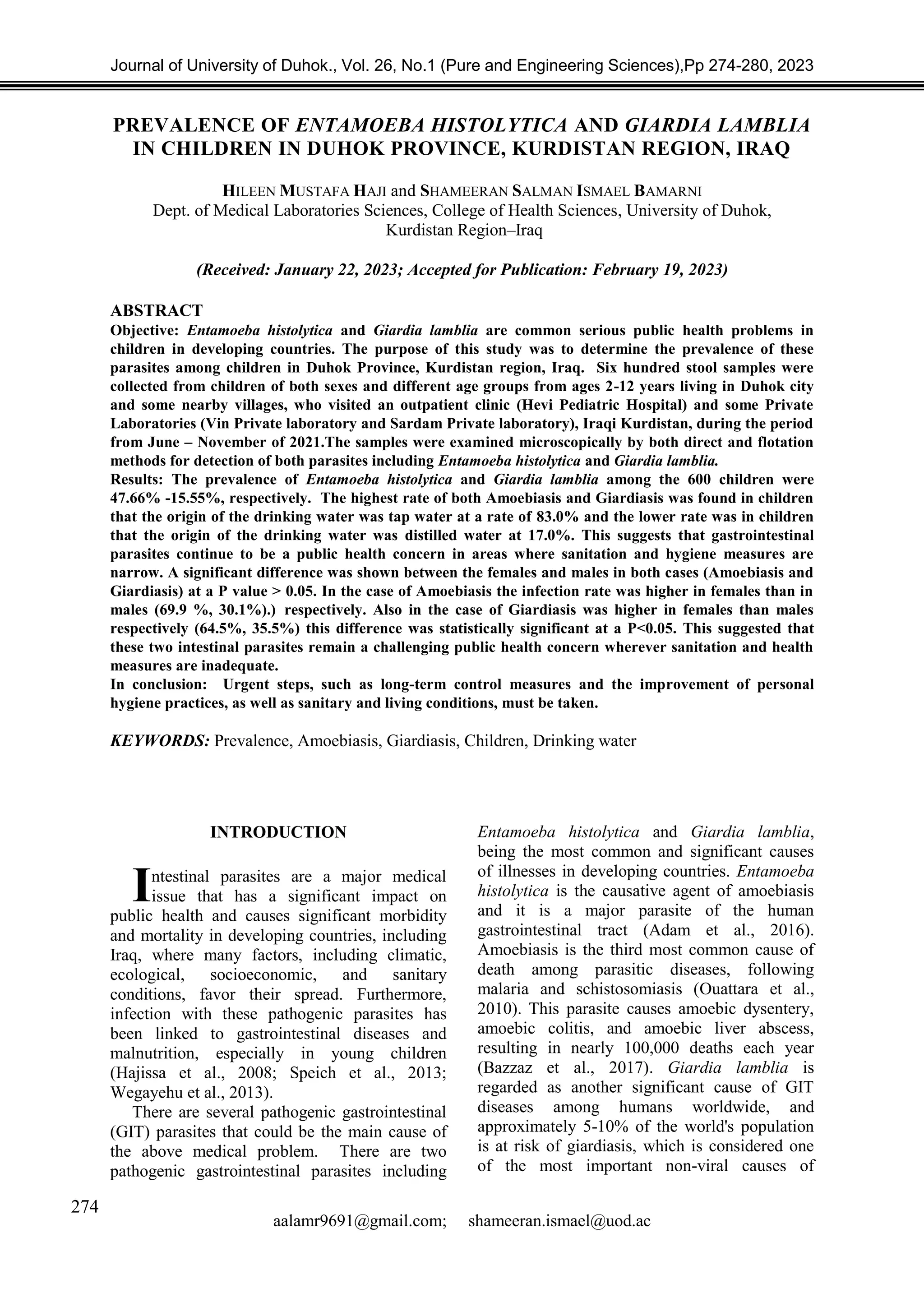 PREVALENCE OF ENTAMOEBA HISTOLYTICA AND GIARDIA LAMBLIA IN CHILDREN IN ...