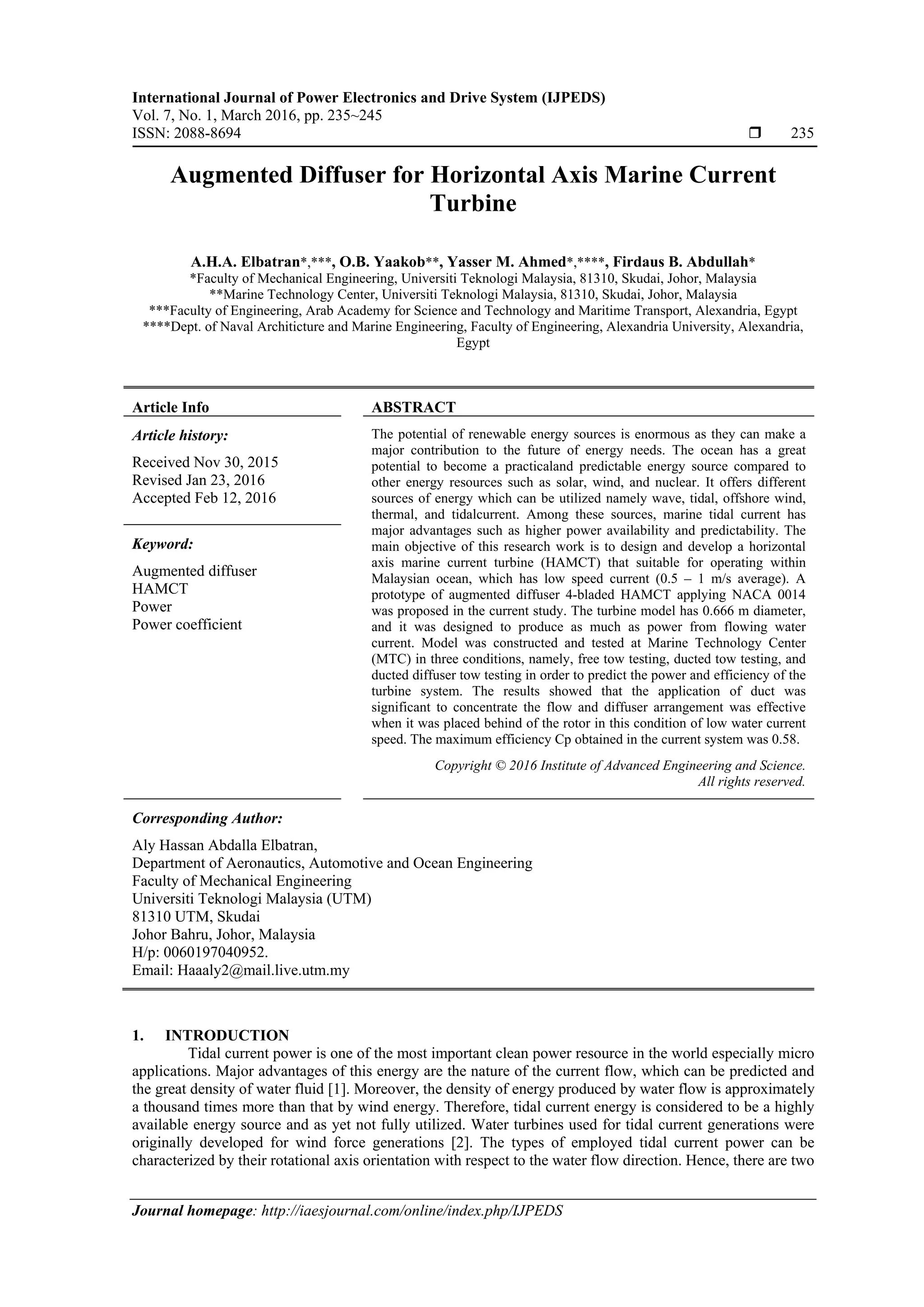 Augmented Diffuser for Horizontal Axis Marine Current Turbine | PDF