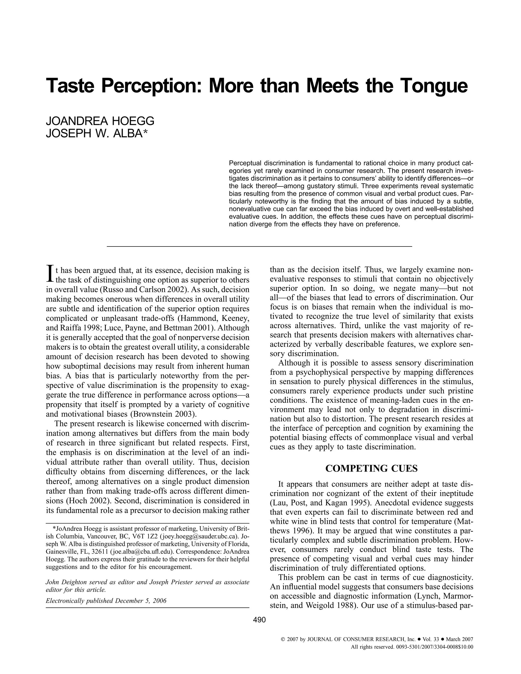 Taste Perception: More than meets the Tongue | PDF
