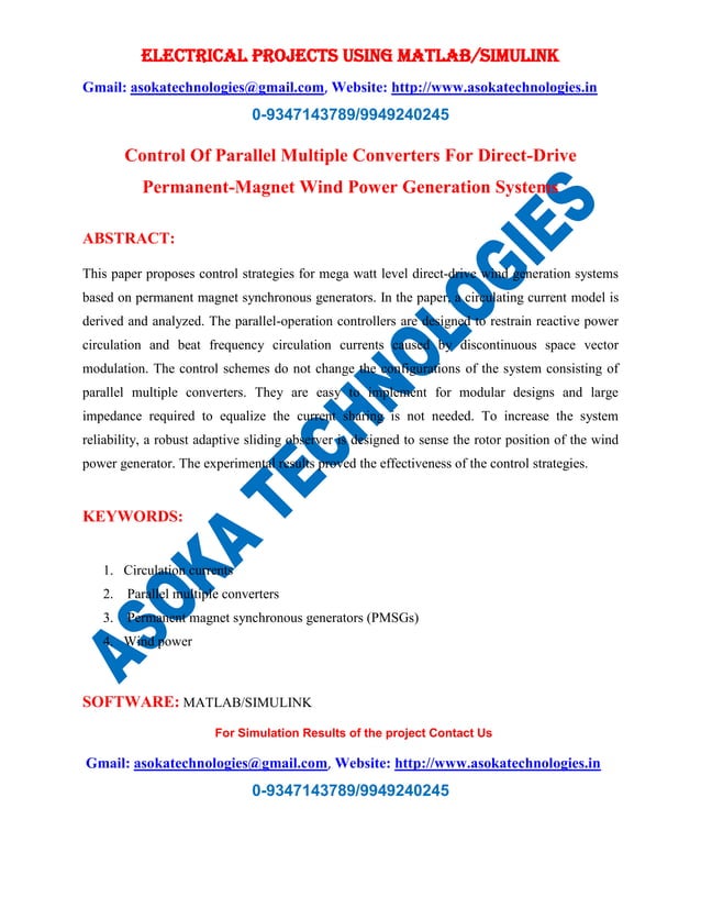 Control Of Parallel Multiple Converters For Direct Drive Permanent Magnet Wind Power Generation