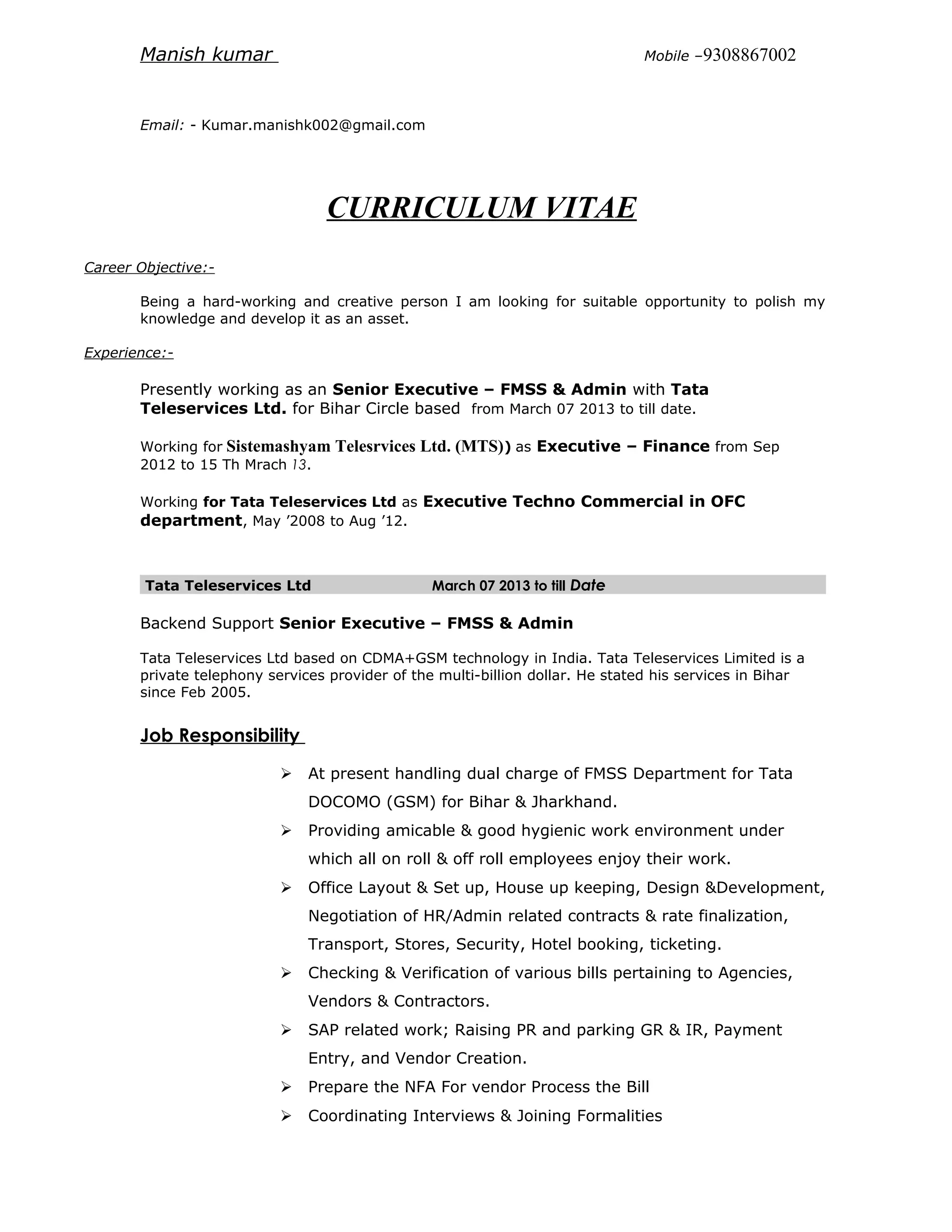 Resume Manish FMSS | DOC