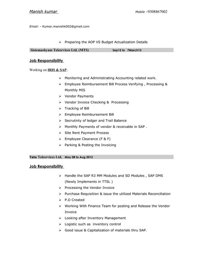 Resume Manish FMSS | PDF