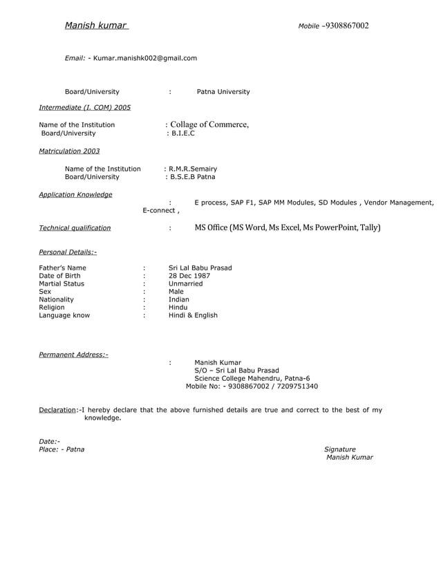 Resume Manish FMSS | PDF