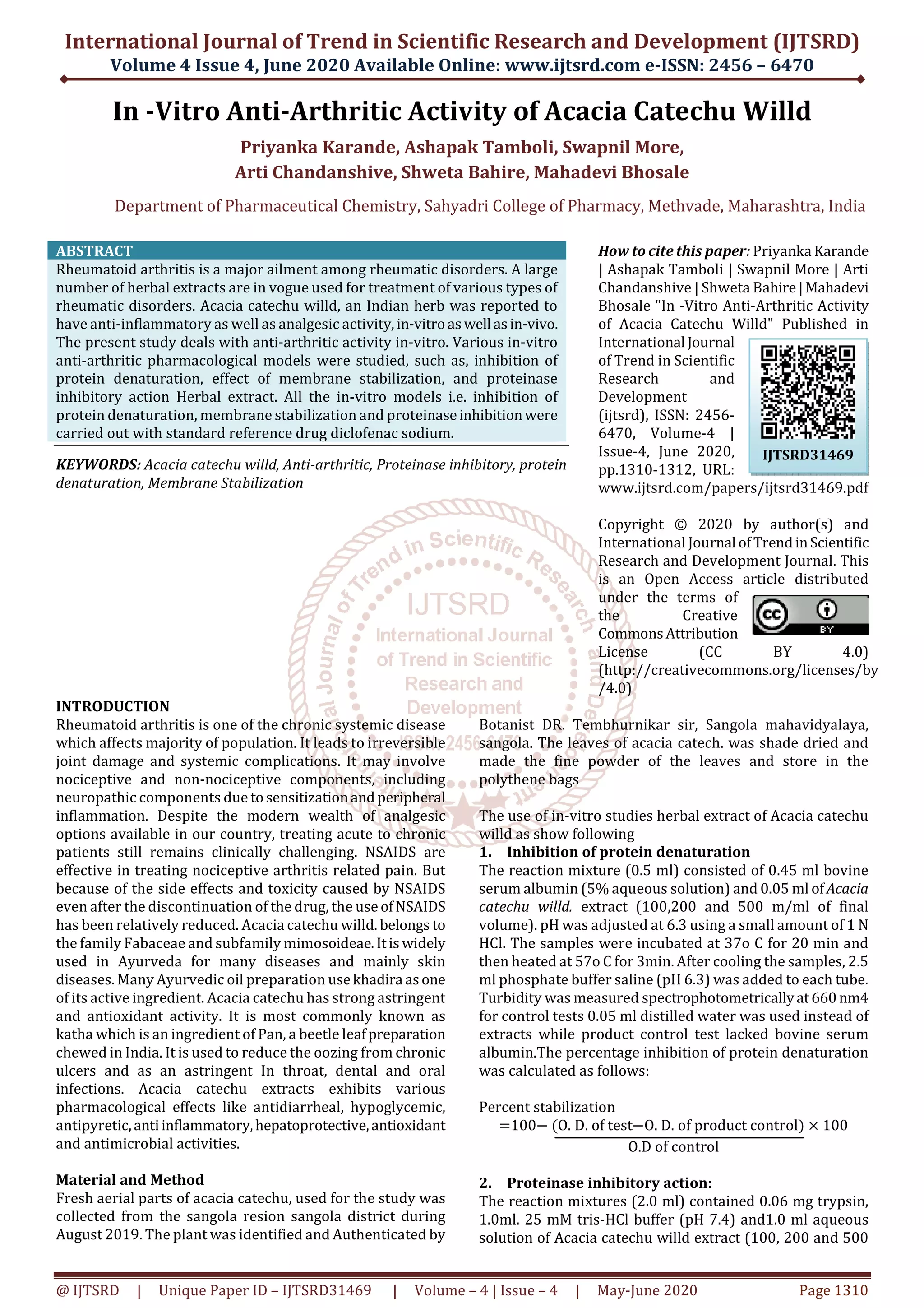 In Vitro Anti Arthritic Activity of Acacia Catechu Willd | PDF