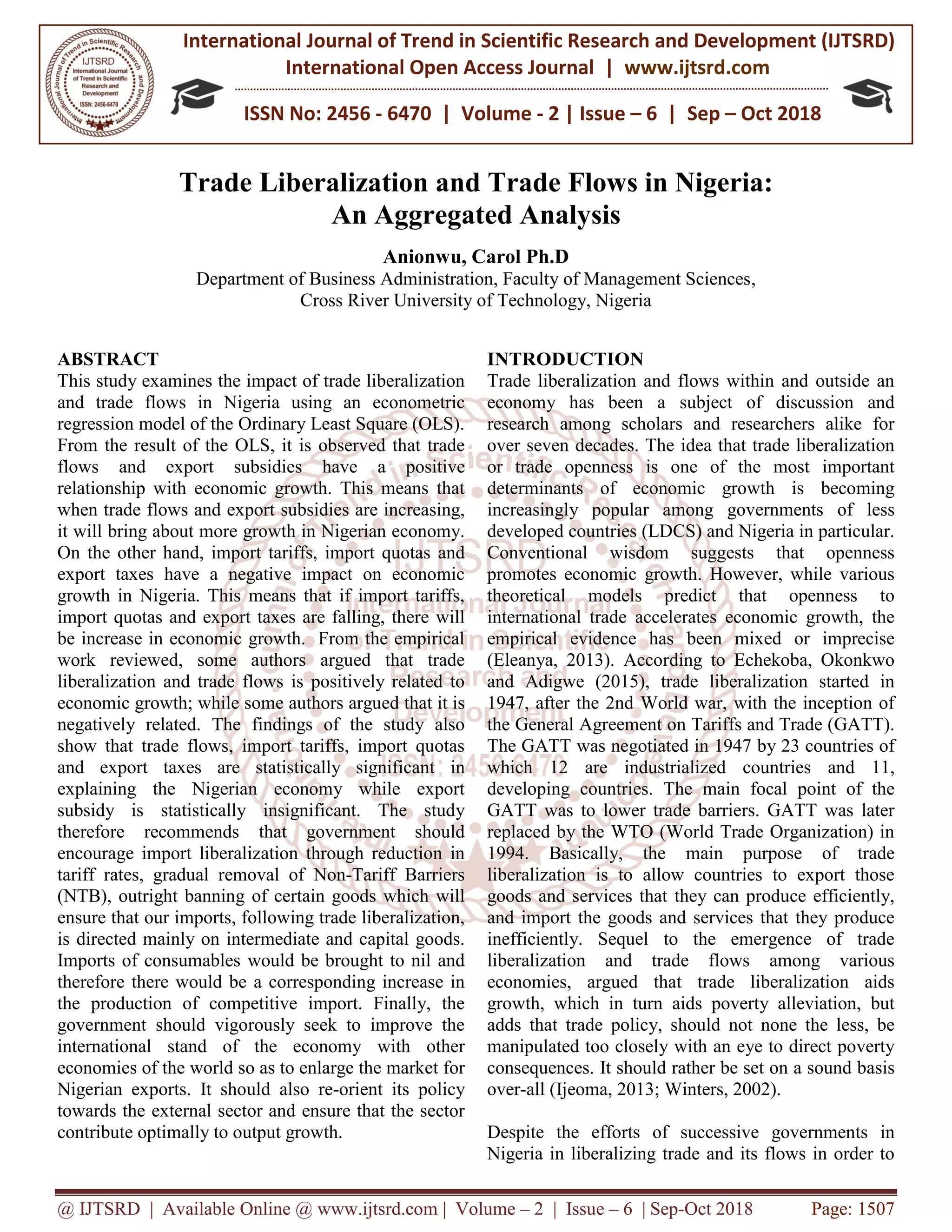 Trade Liberalization and Trade Flows in Nigeria An Aggregated Analysis | PDF