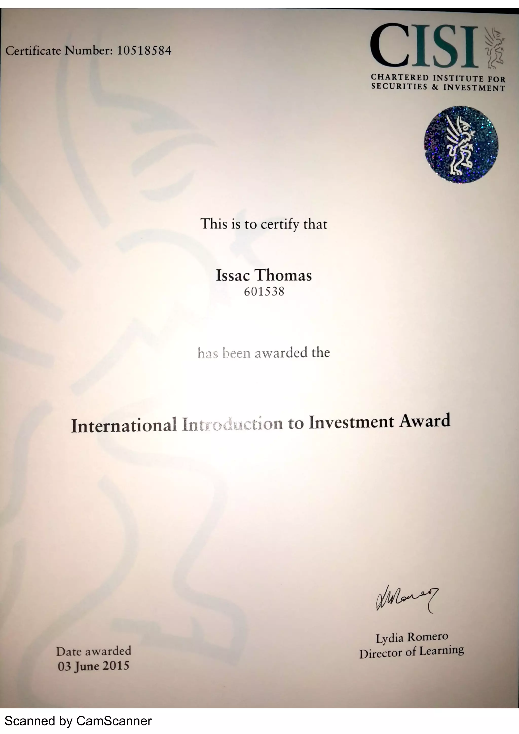 CISI certificate introduction | PDF