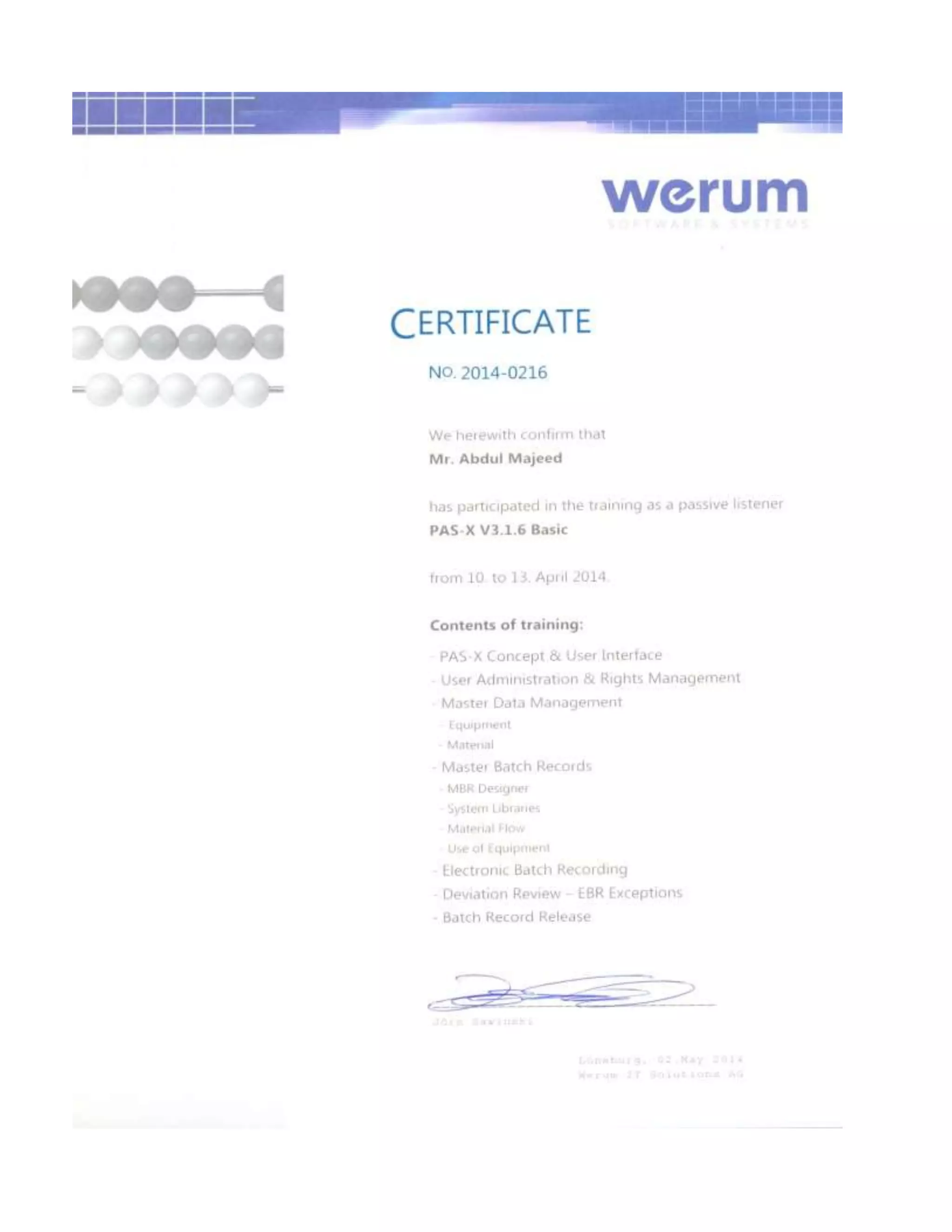 Certificate of PAS-X Werum | DOCX