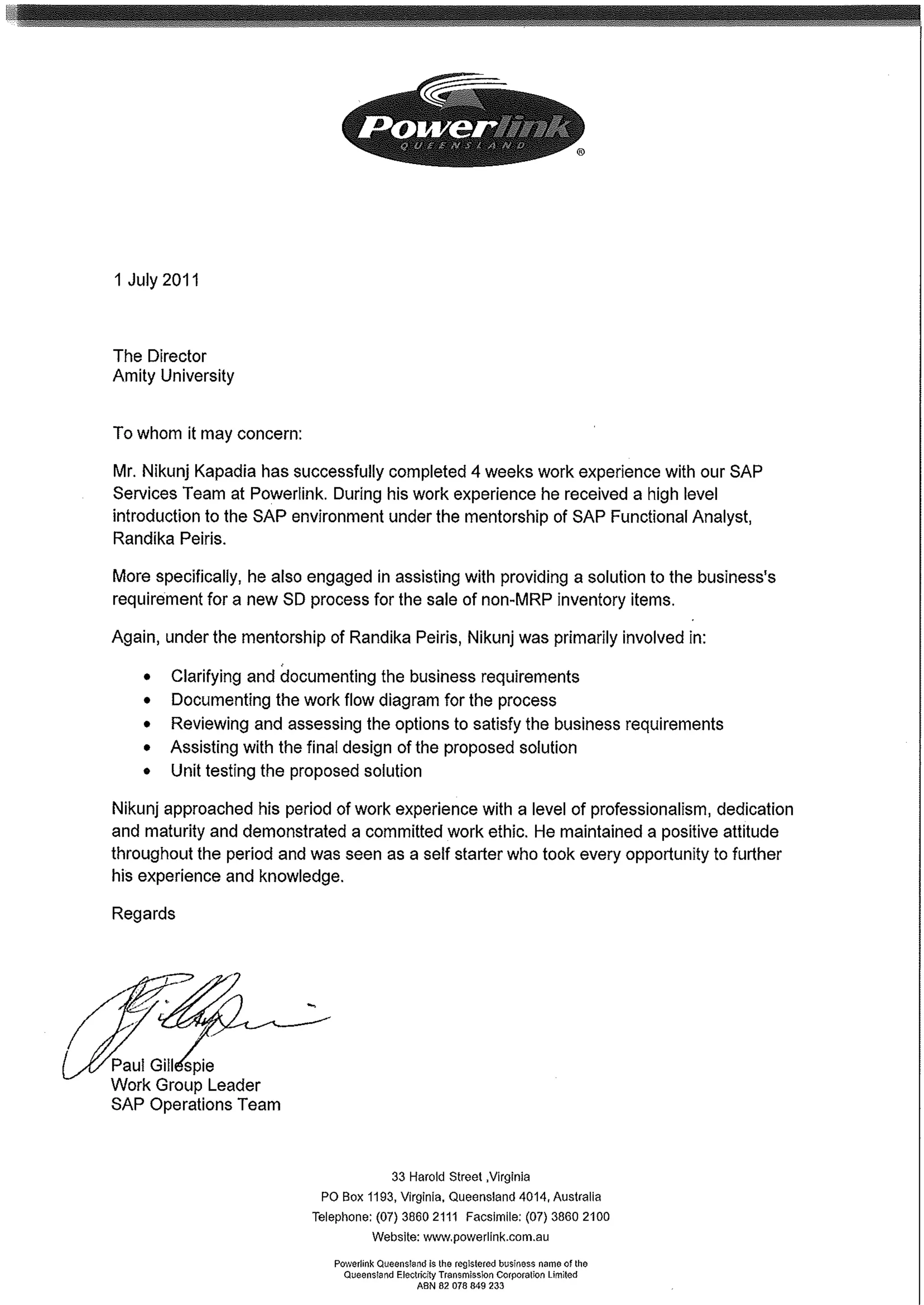 Powerlink Experience Letter | PDF