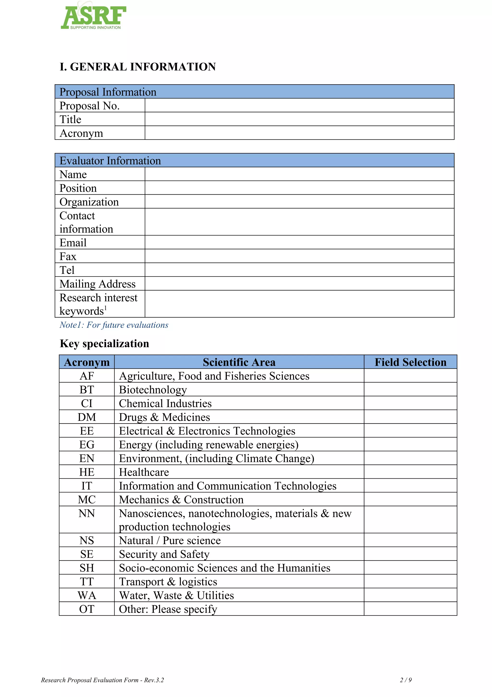 ASRF SDIG evaluation form | DOC
