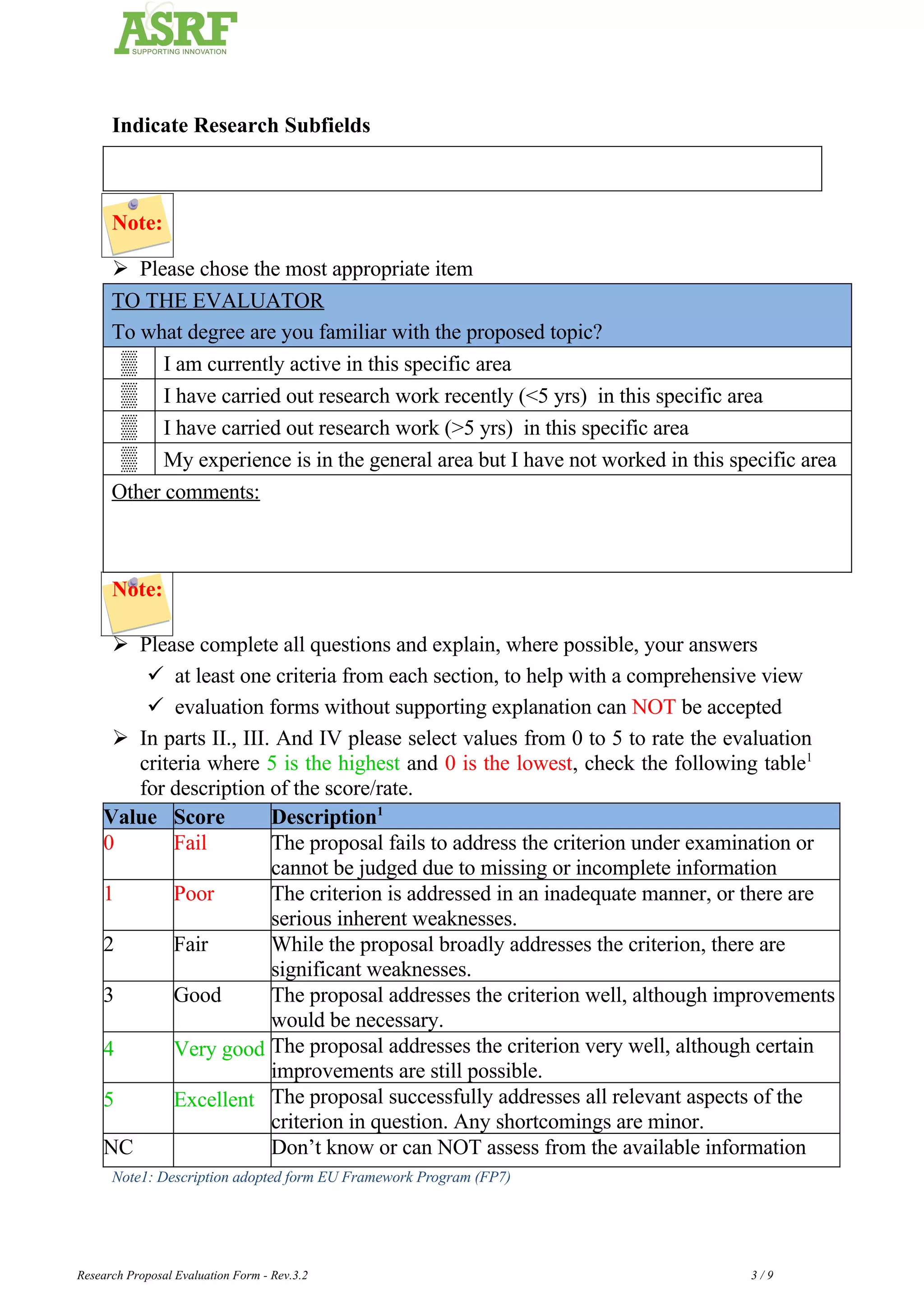 ASRF SDIG evaluation form | DOC