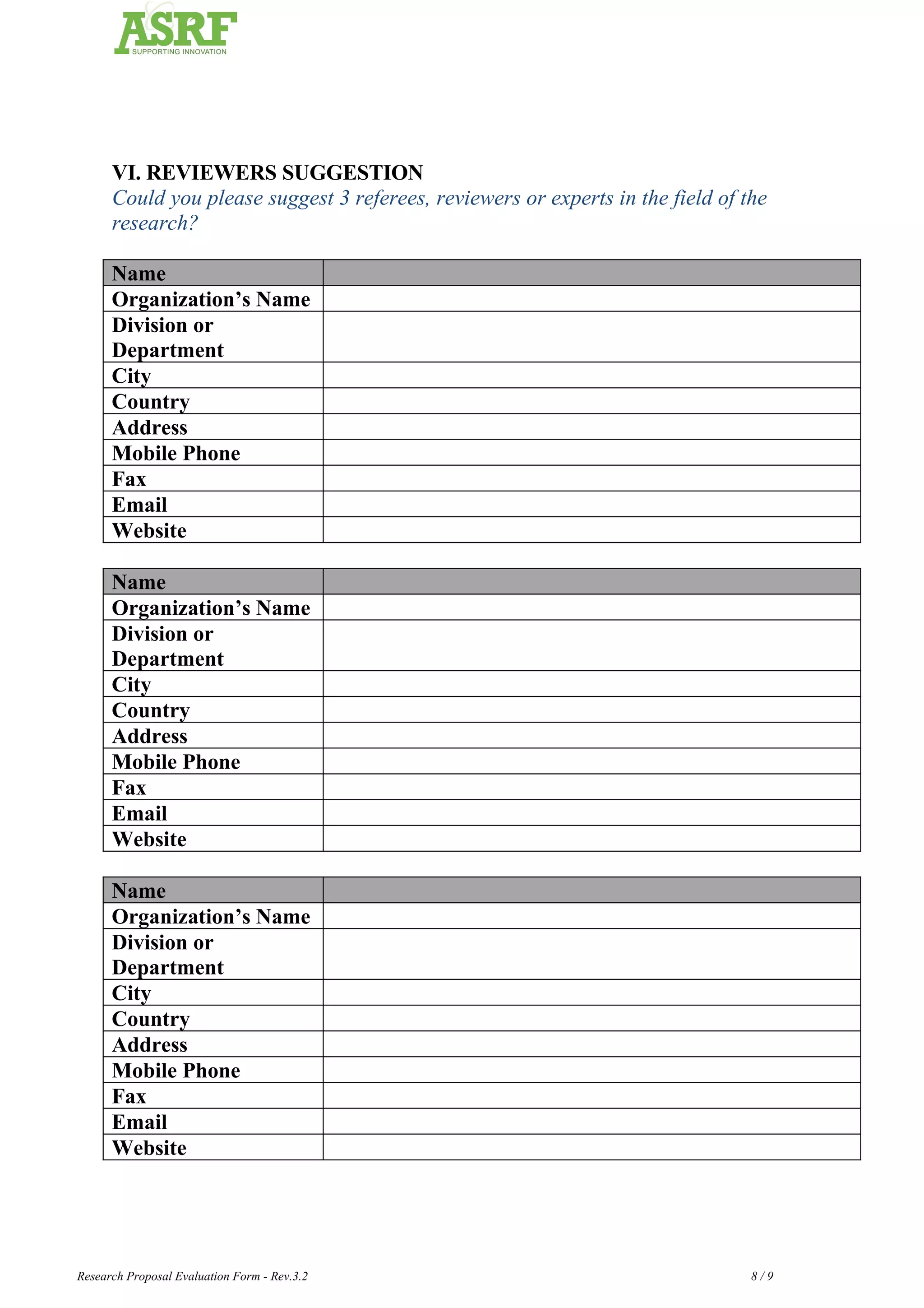 ASRF SDIG evaluation form | DOC