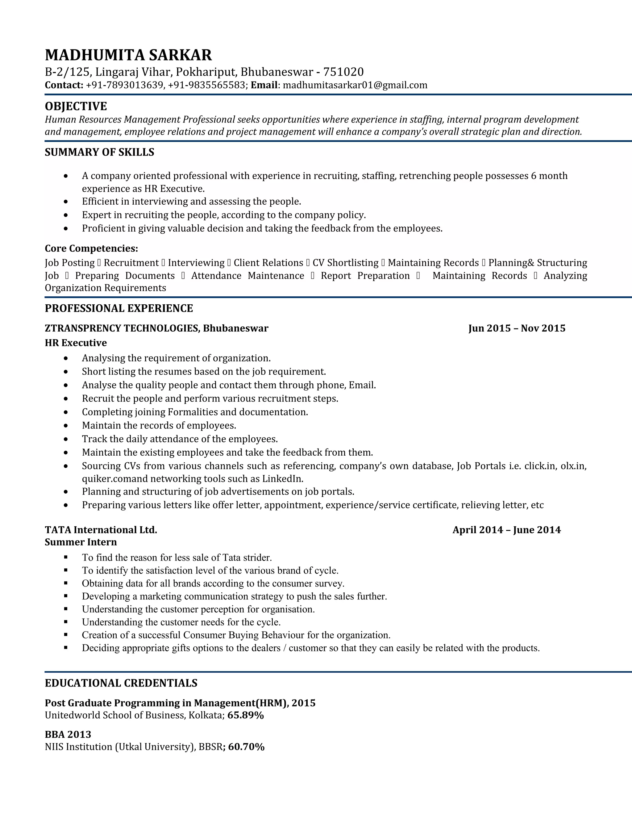 madhumita resume | DOC | Resume Writing and Advice | Job Search