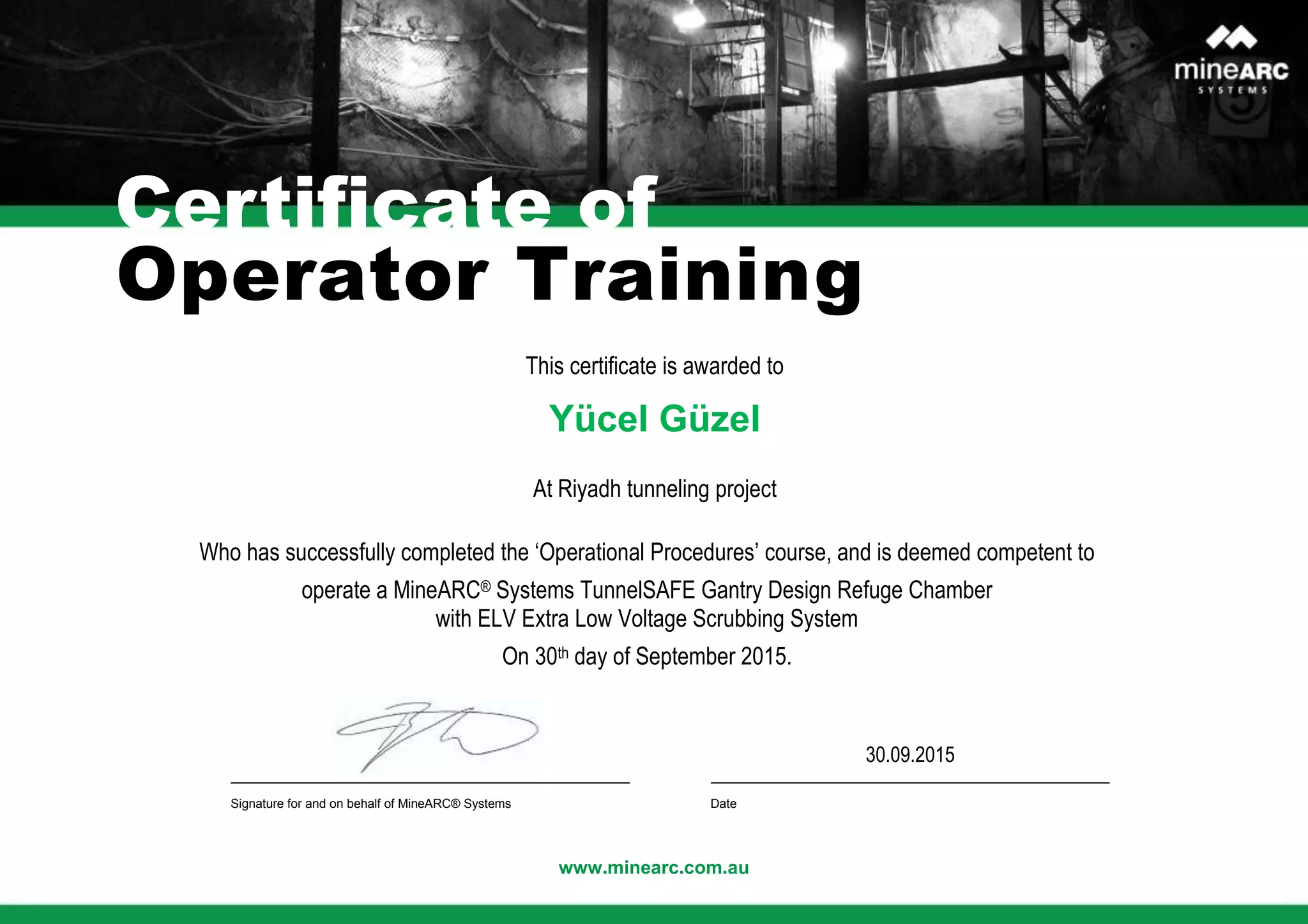 Certificate of Operator Training Of MineARC® Systems TunnelSAFE Gantry ...