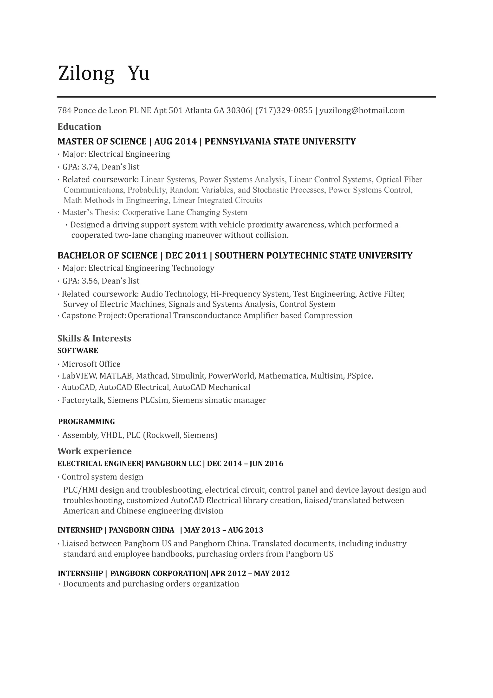 Zilong Yu's resume | PDF | Physics | Science