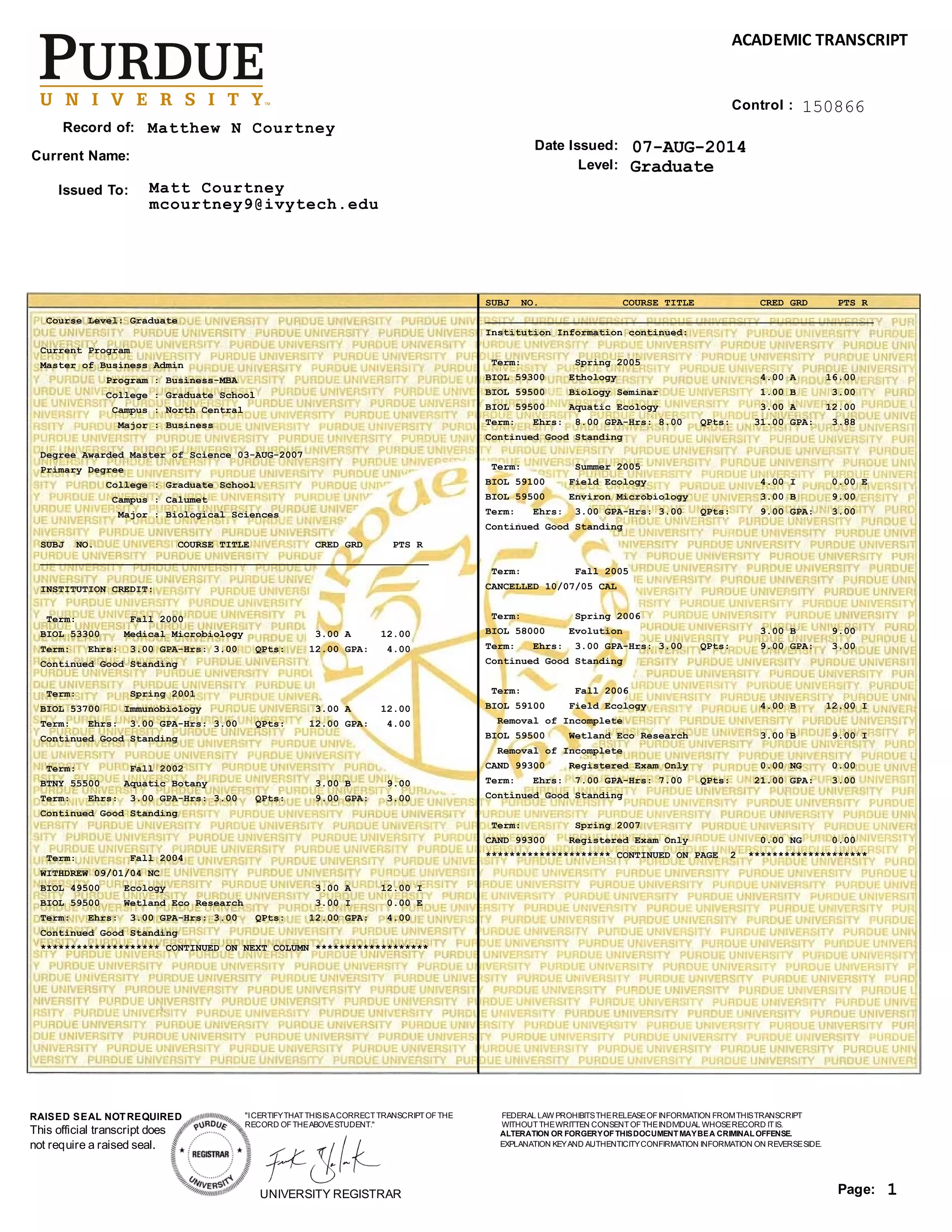 My Purdue Transcripts | PDF