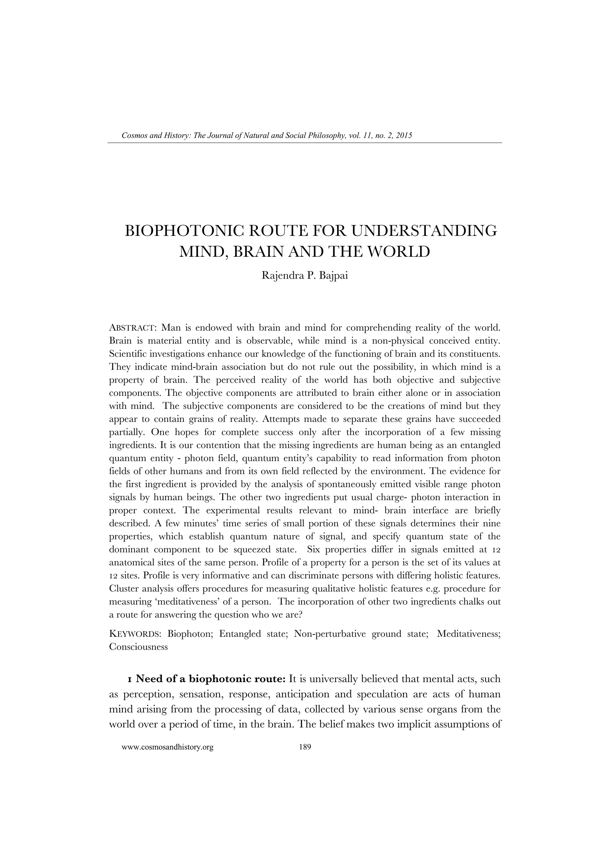 Biophotonic route to mind brain and world | PDF