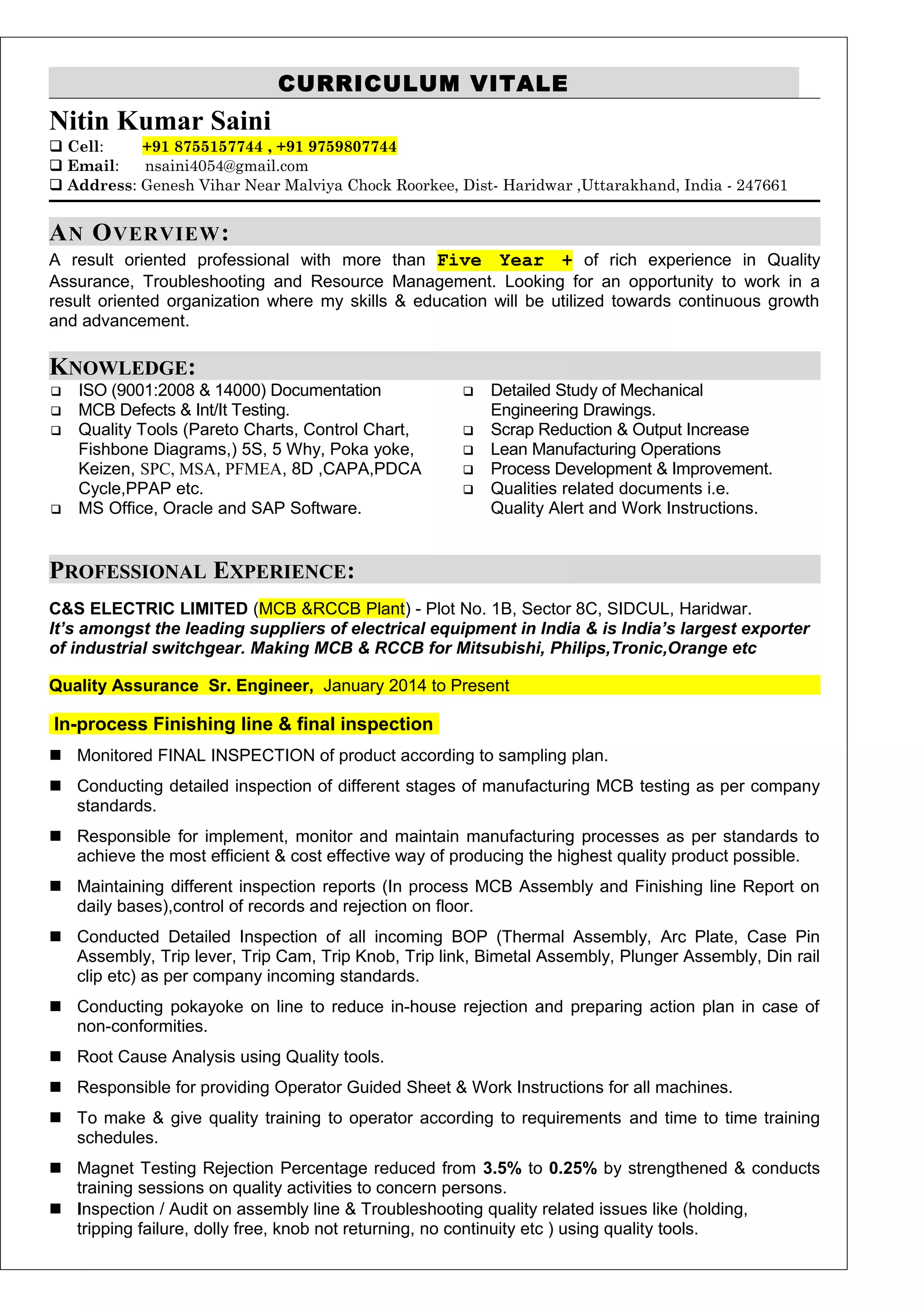 Nitin Saini Engineer CV (new) | DOC