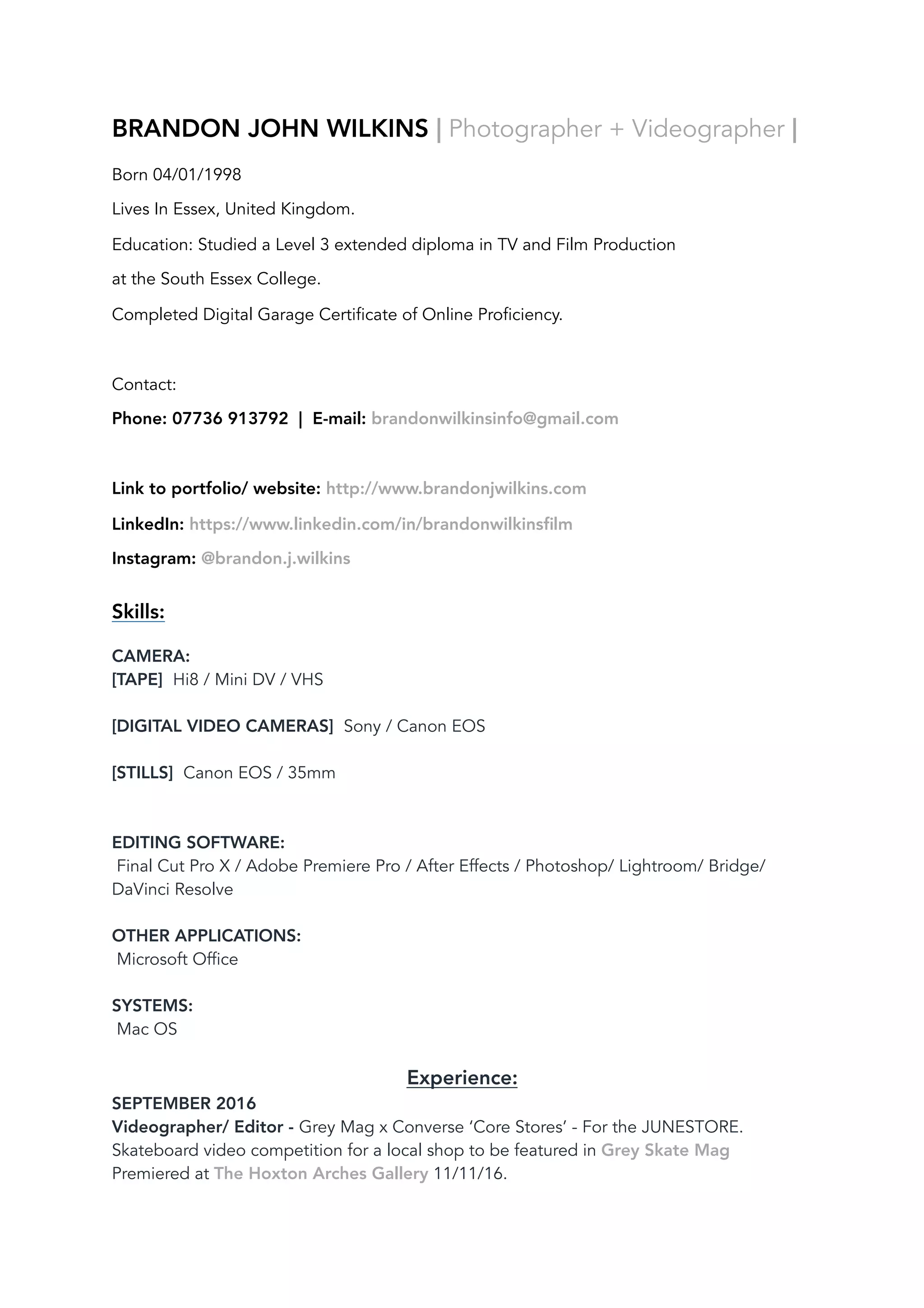 BRANDON WILKINS MEDIA RELATED CV | PDF