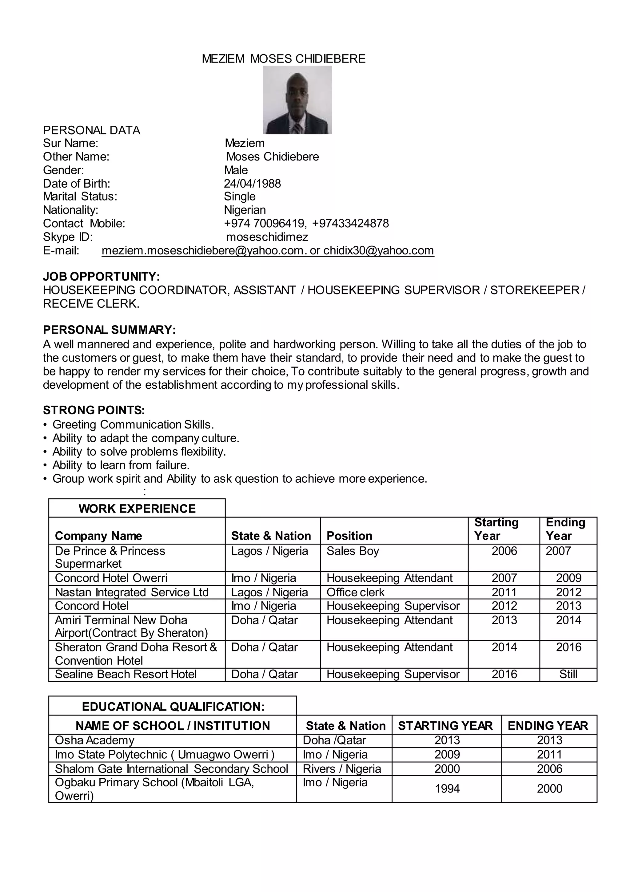 MEZIEM MOSES CHIDIEBERE HOUSEKEEPING CV | DOCX