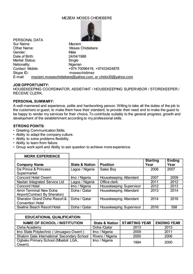 MEZIEM MOSES CHIDIEBERE HOUSEKEEPING CV | DOCX